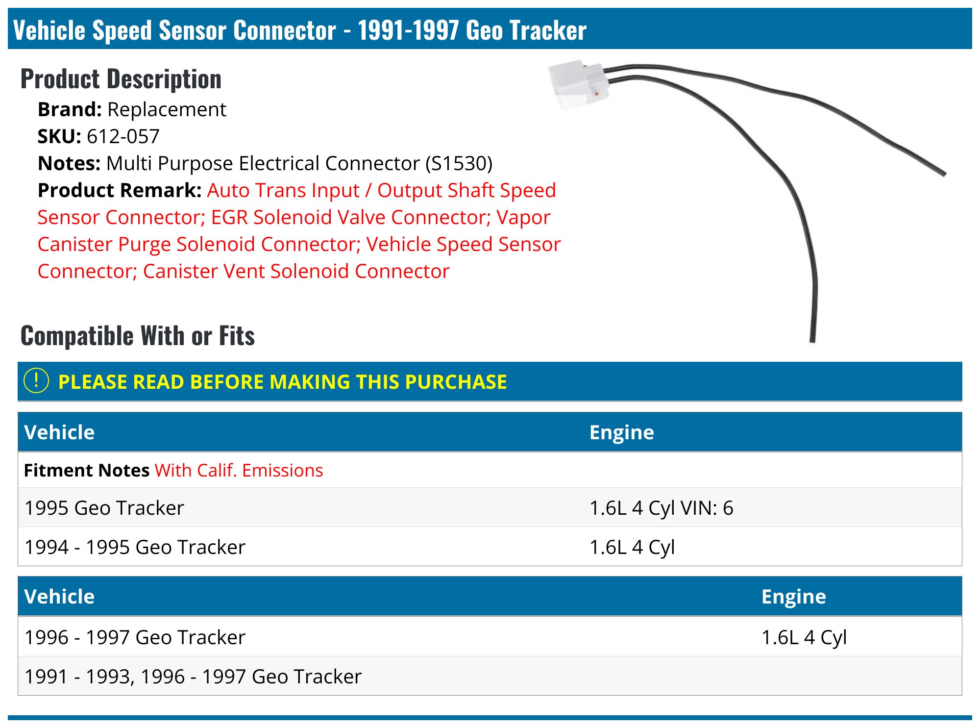 1991-1997 Geo Tracker Vehicle Speed Sensor Connector - Replacement 612 ...