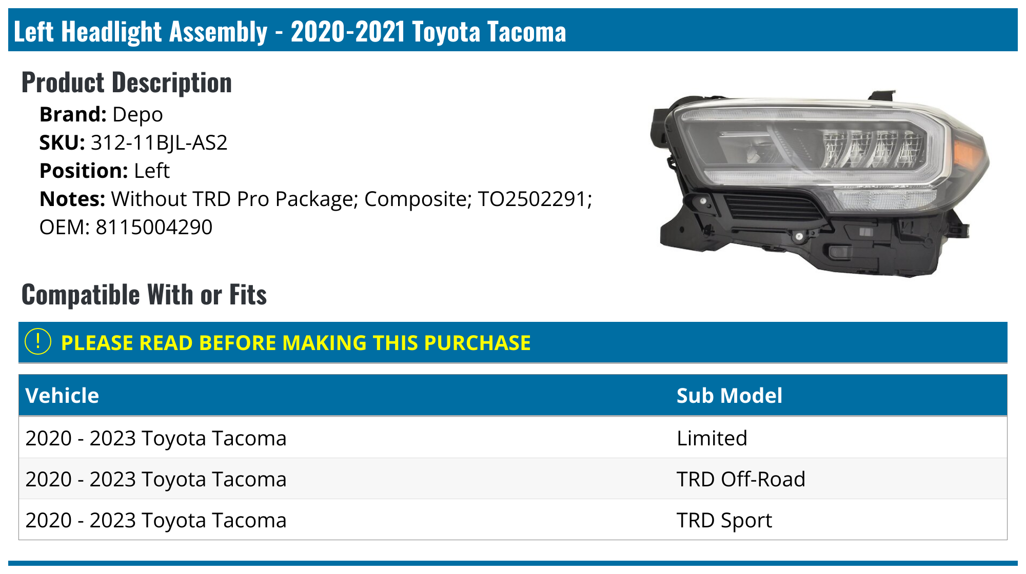 2020-2023 Toyota Tacoma Headlight Assembly - Depo 312-11BJL-AS2 ...