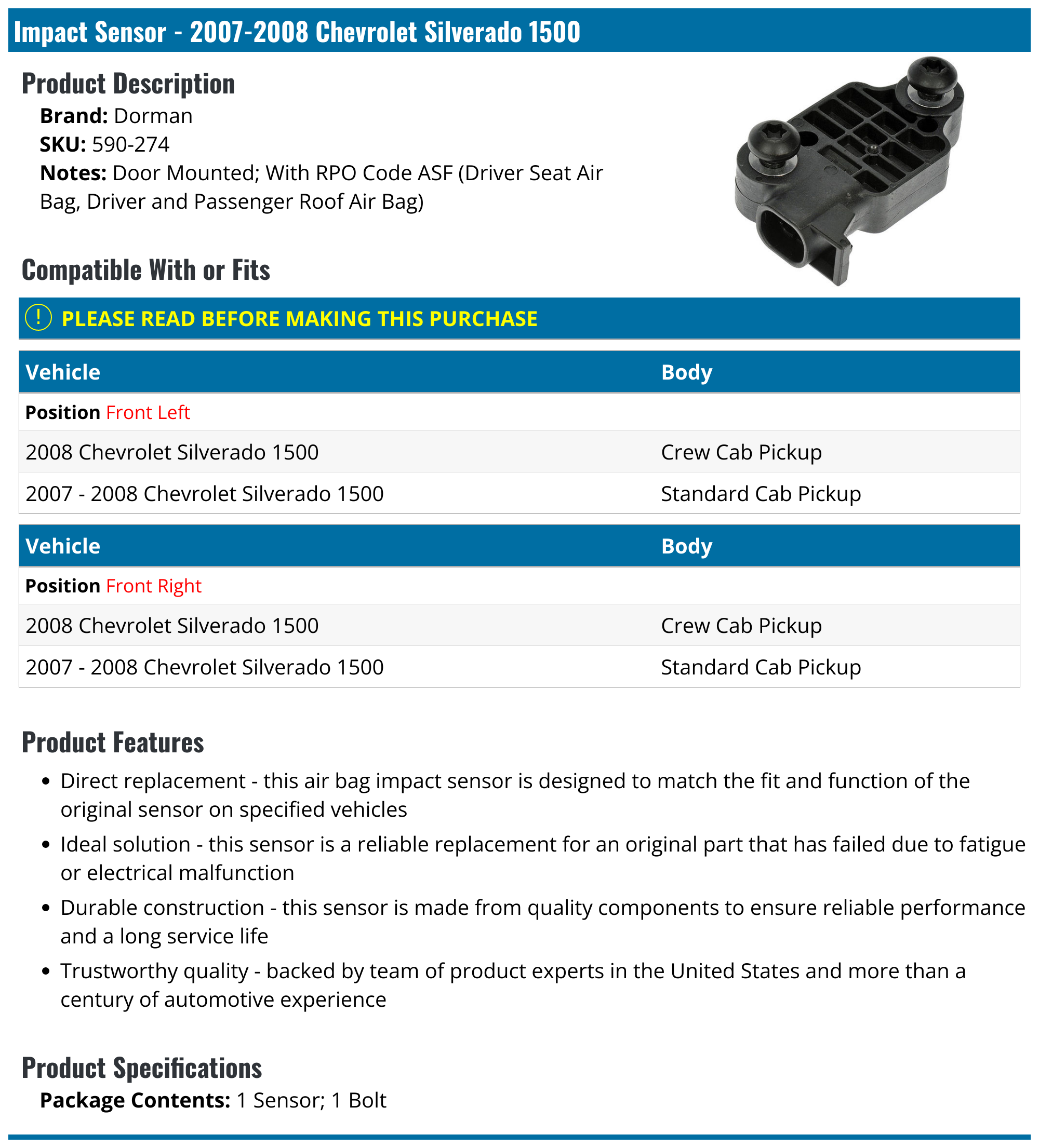 2007-2008 Chevrolet Silverado 1500 Impact Sensor - Dorman 590-274 ...
