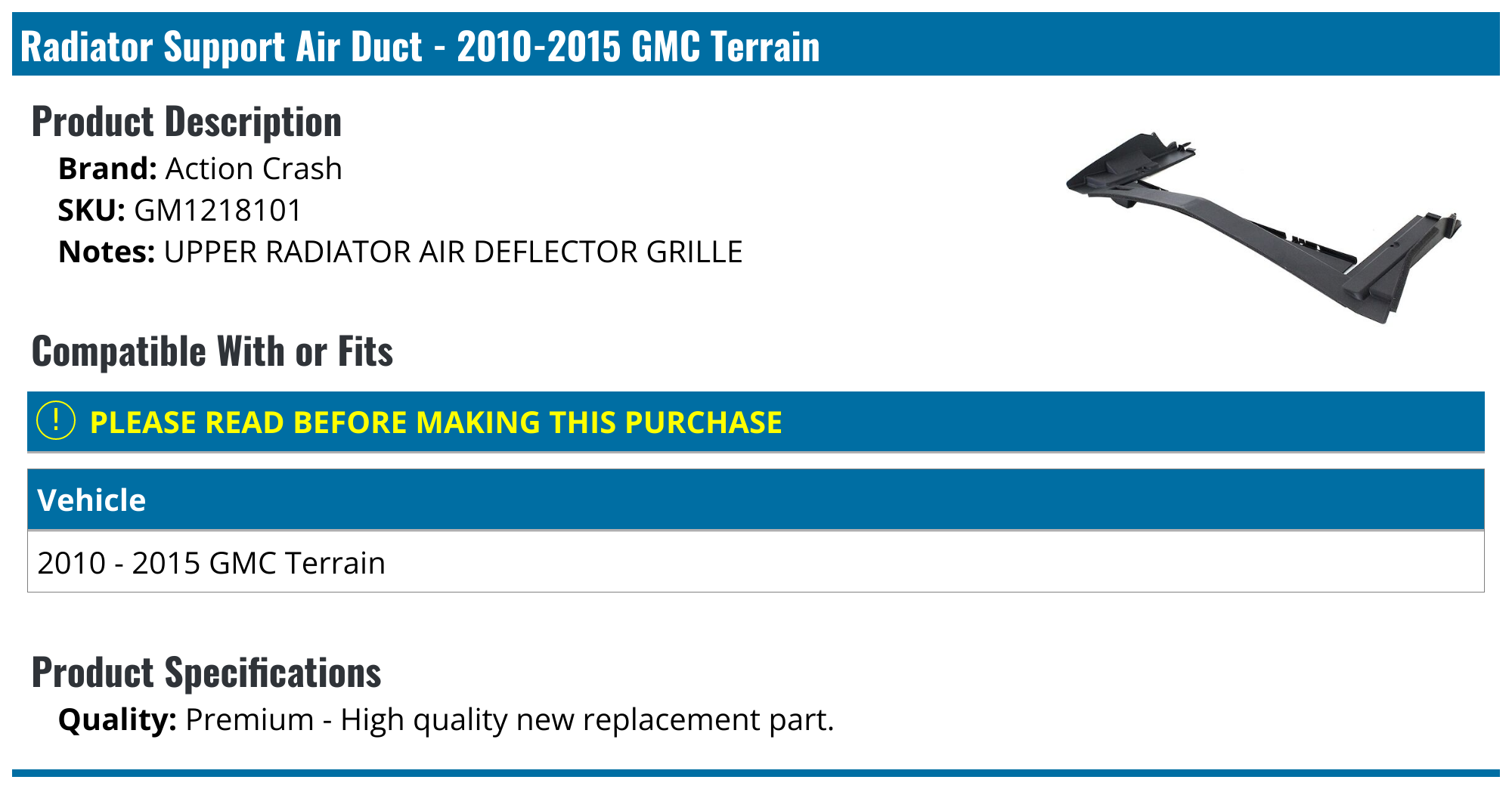 2010-2015 GMC Terrain Radiator Support Air Duct - Action Crash ...