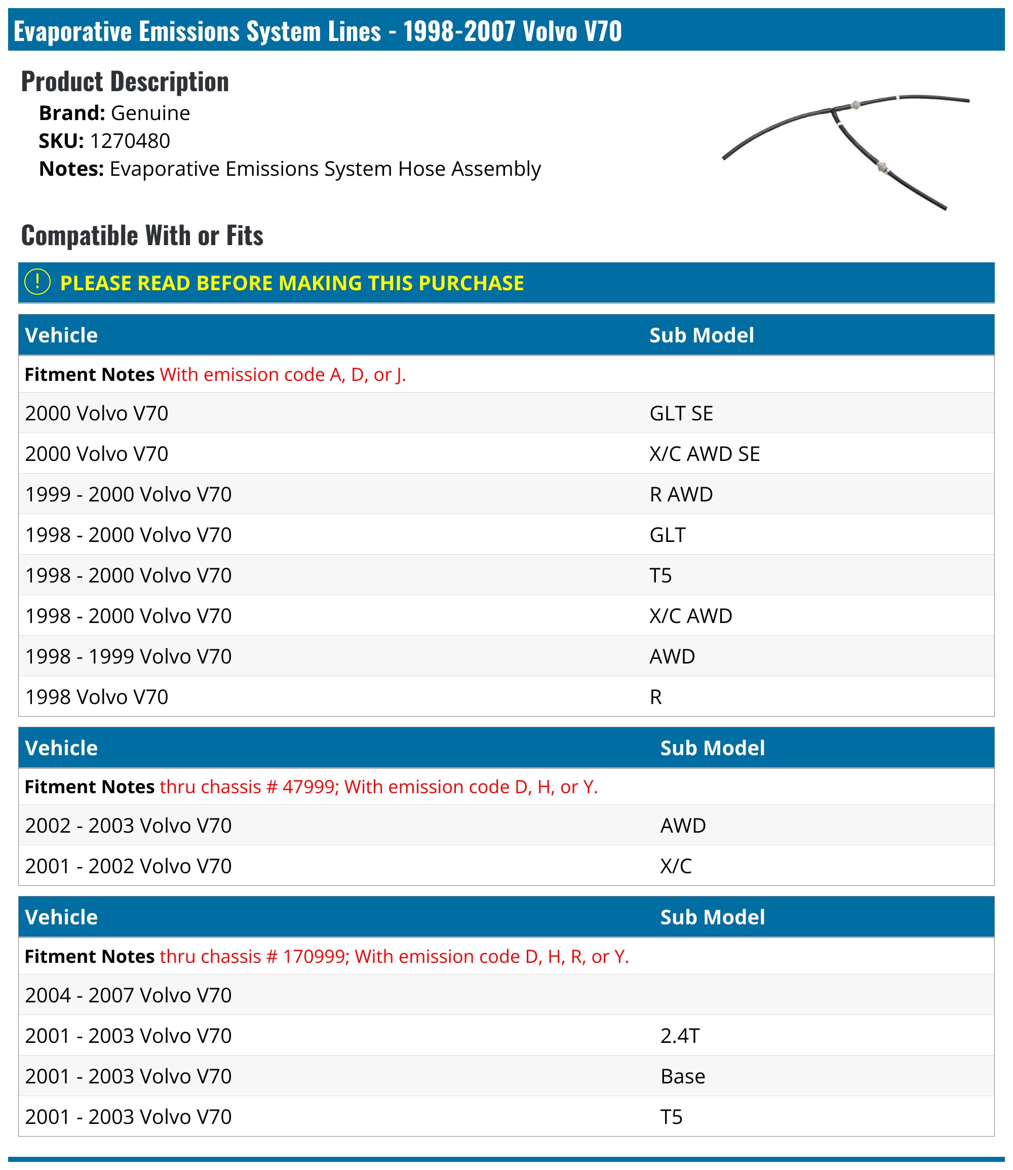 1998-2007 Volvo V70 Evaporative Emissions System Lines - Genuine ...