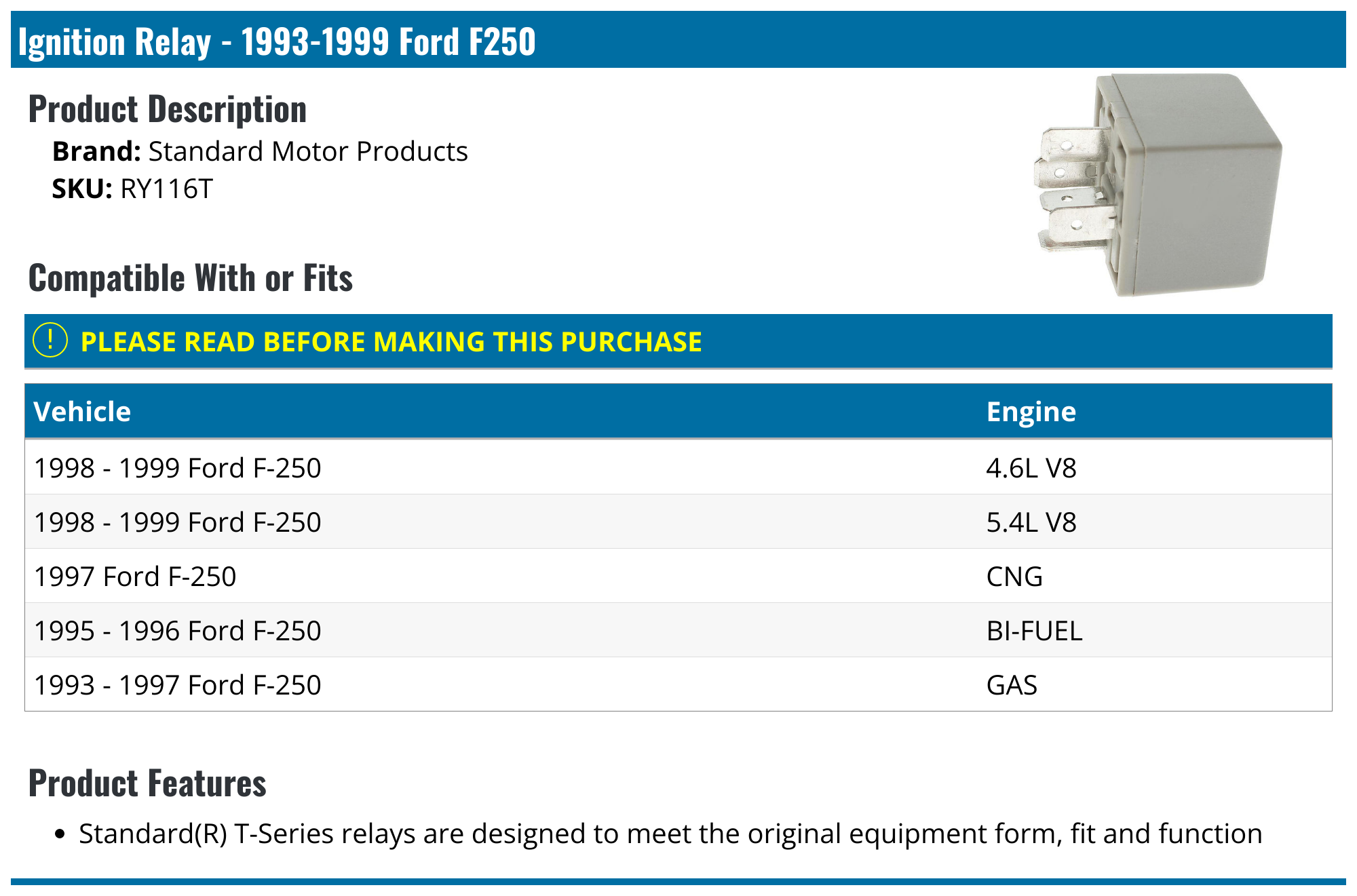1993-1999 Ford F250 Ignition Relay - Standard Motor Products RY116T ...