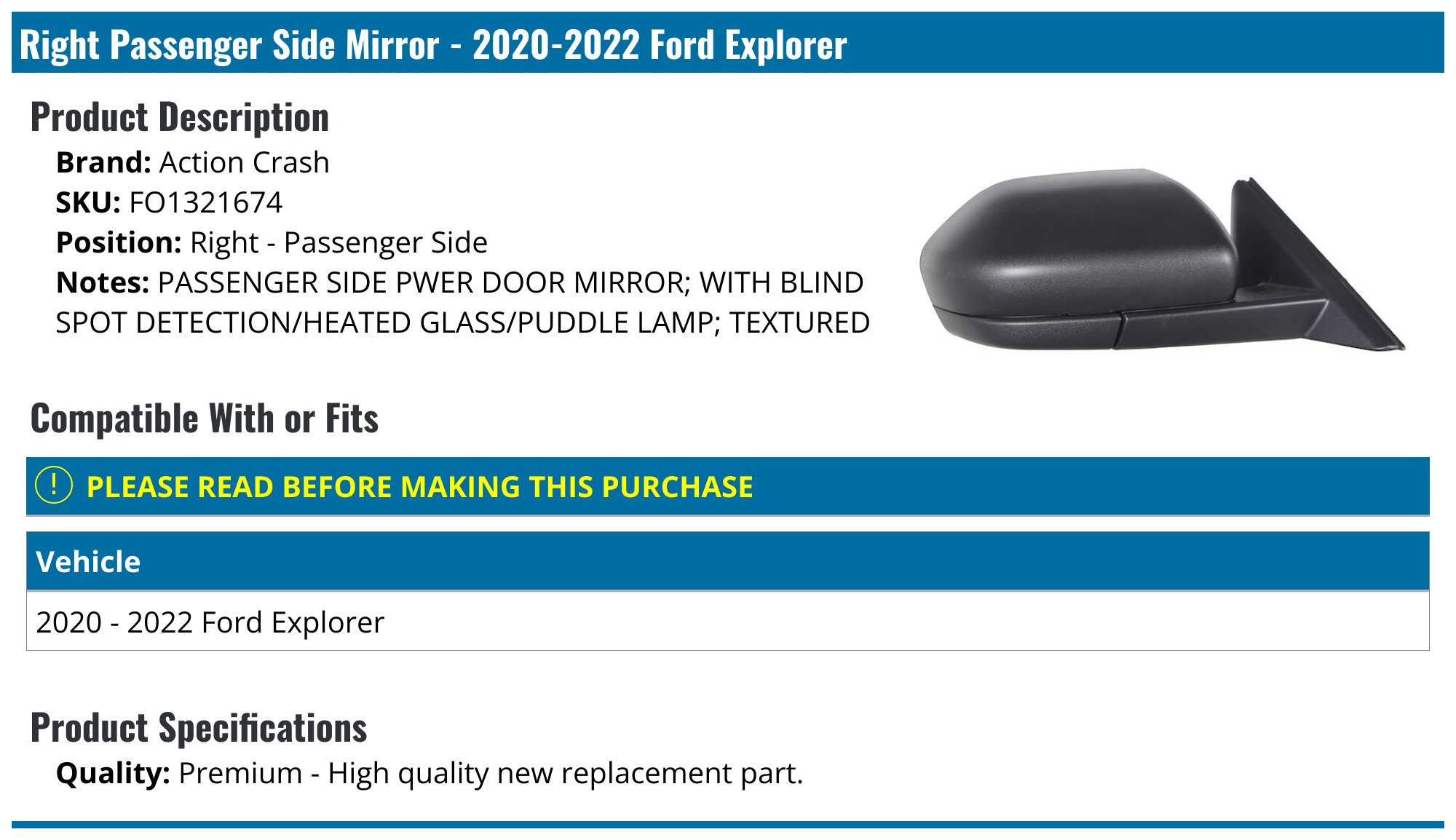 2020-2024 Ford Explorer Mirror - Action Crash FO1321674 - Right ...