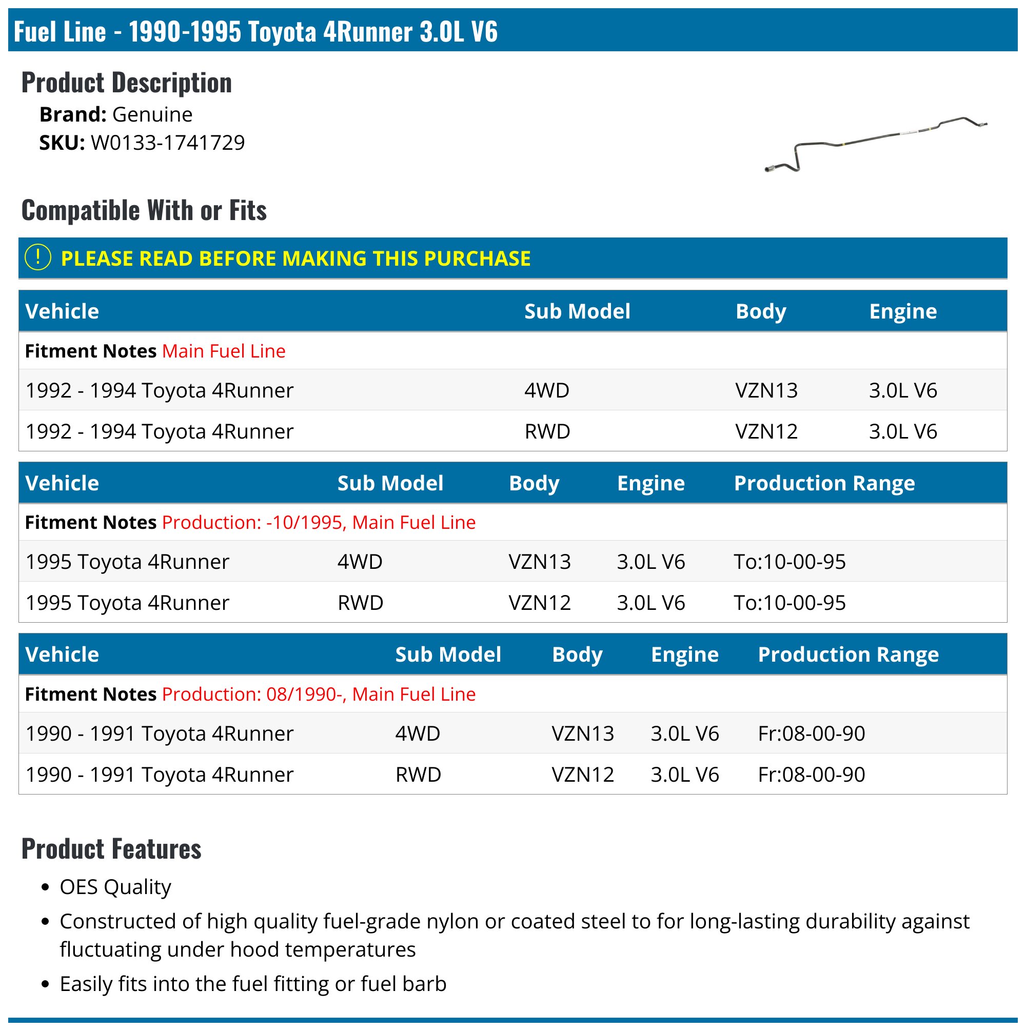 1990-1995 Toyota 4Runner Fuel Line - Genuine W0133-1741729 - PartsGeek.com