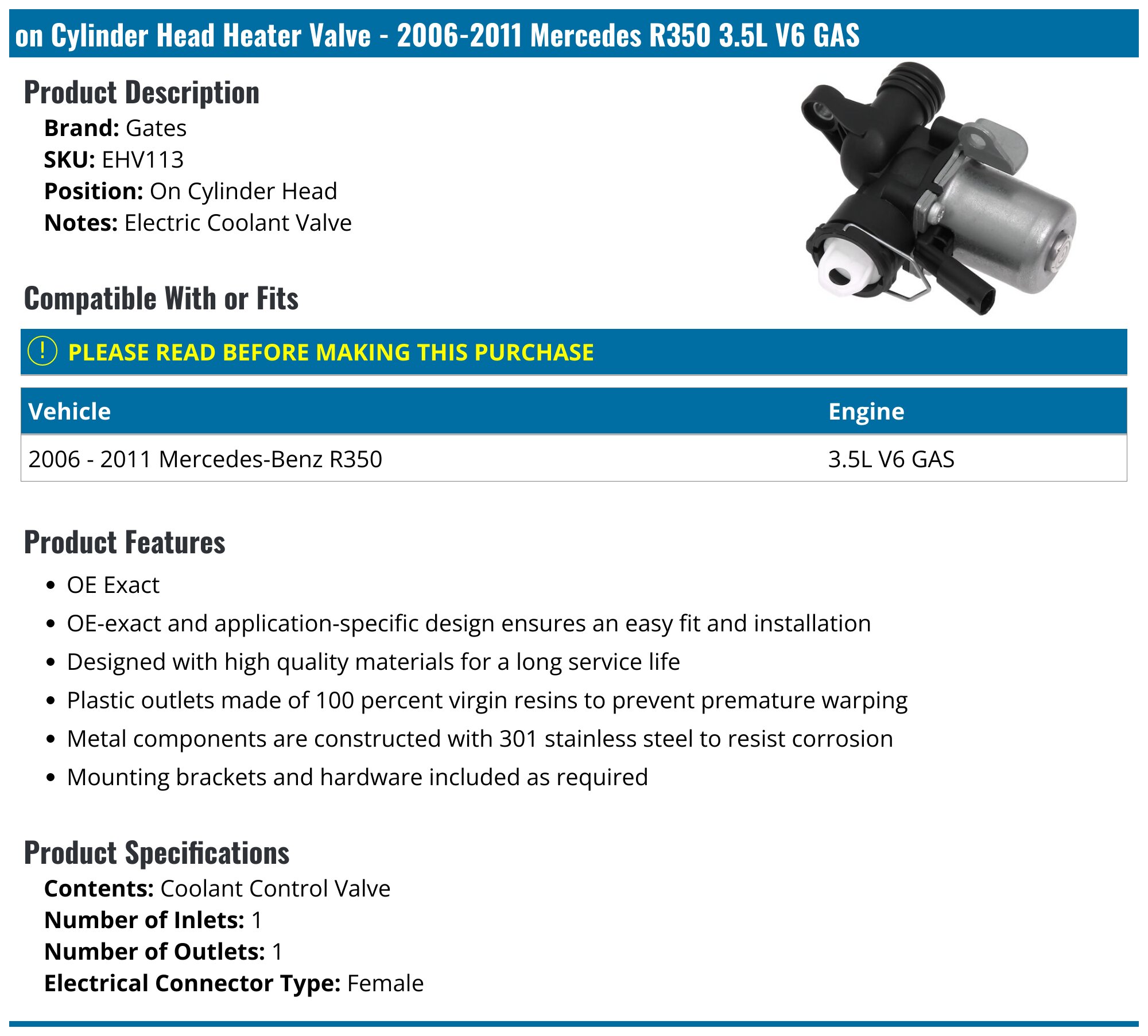 2006-2011 Mercedes R350 Heater Valve - Gates EHV113 - On Cylinder Head ...
