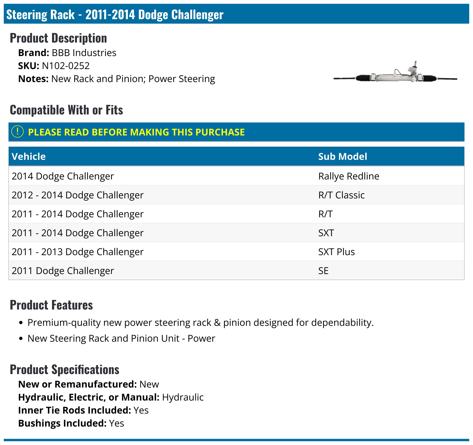2011-2014 Dodge Challenger Steering Rack - BBB Industries N102-0252 ...