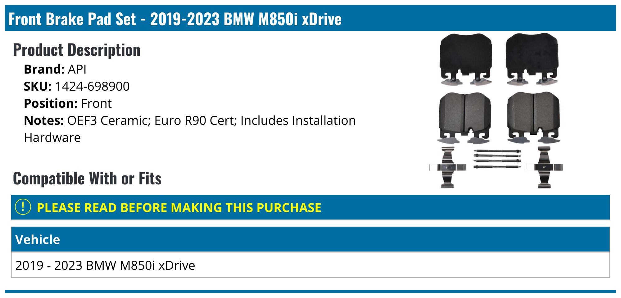 2019-2024 BMW M850i xDrive Brake Pad Set - API 147337-02099466 - Front - PartsGeek.com