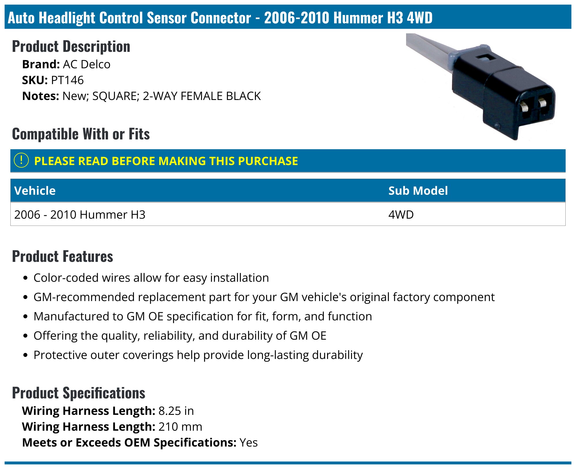2006-2010 Hummer H3 Auto Headlight Control Sensor Connector - AC Delco ...