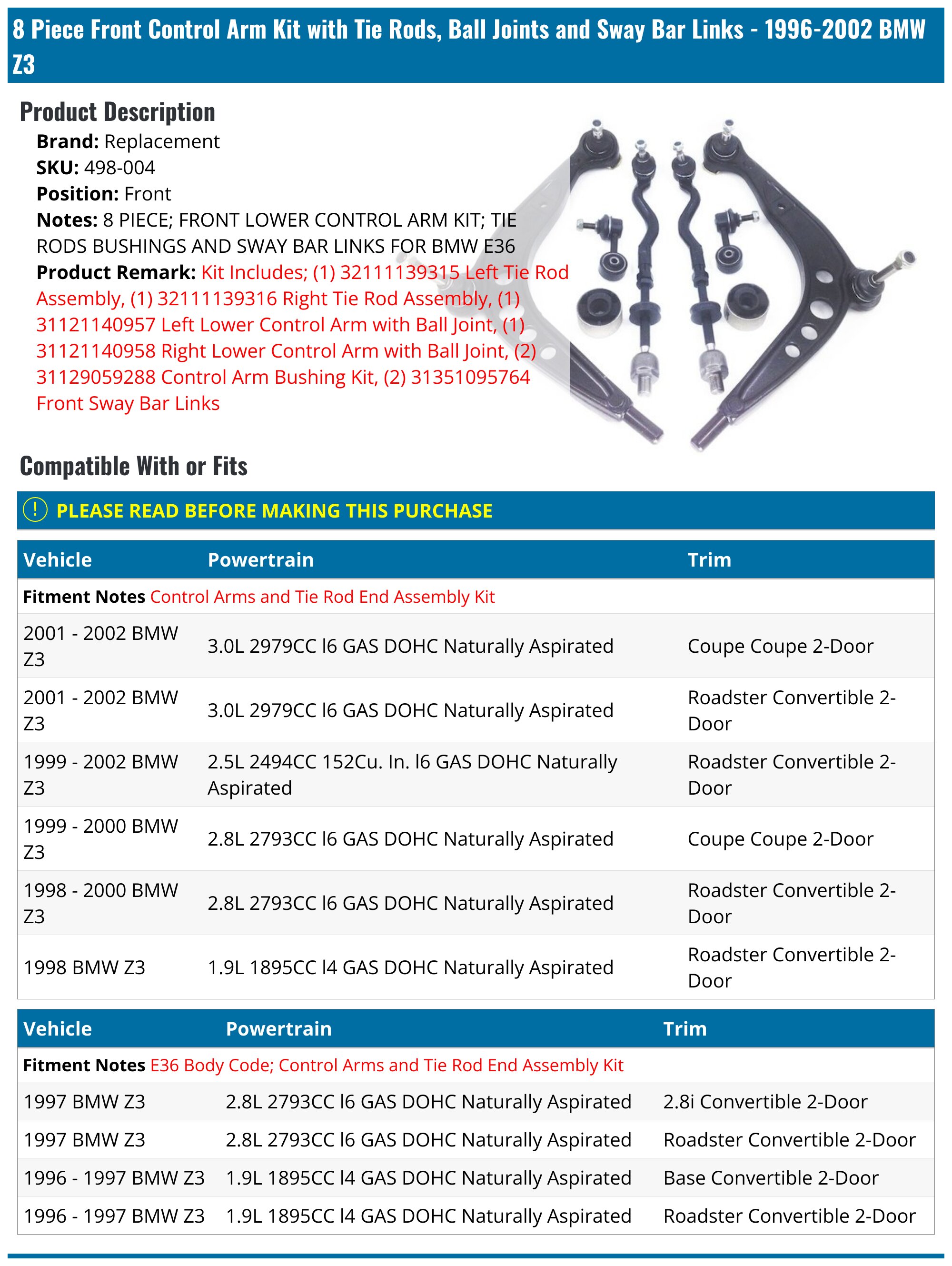 1996-2002 BMW Z3 Control Arm - Replacement 498-004 - Front - PartsGeek.com