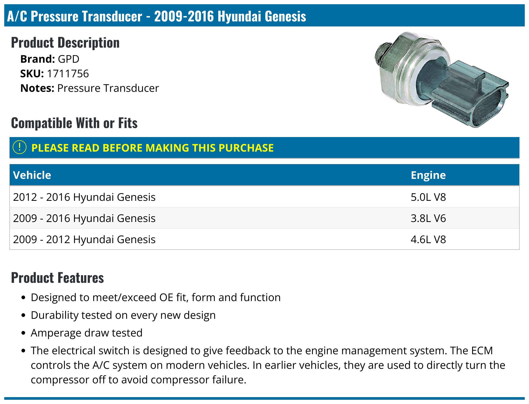 2009-2016 Hyundai Genesis A/C Pressure Transducer - GPD 1711756 ...