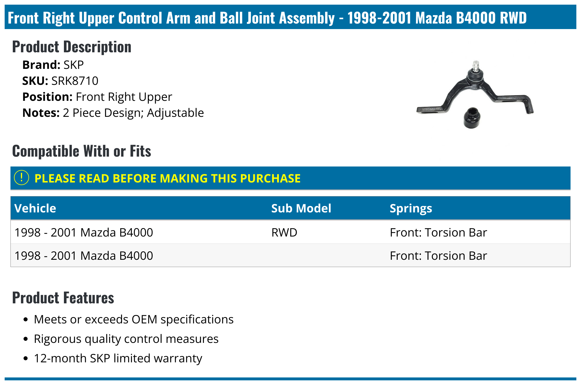 1998-2004 Mazda B4000 Control Arm - SKP SRK8710 - Front Right Upper ...