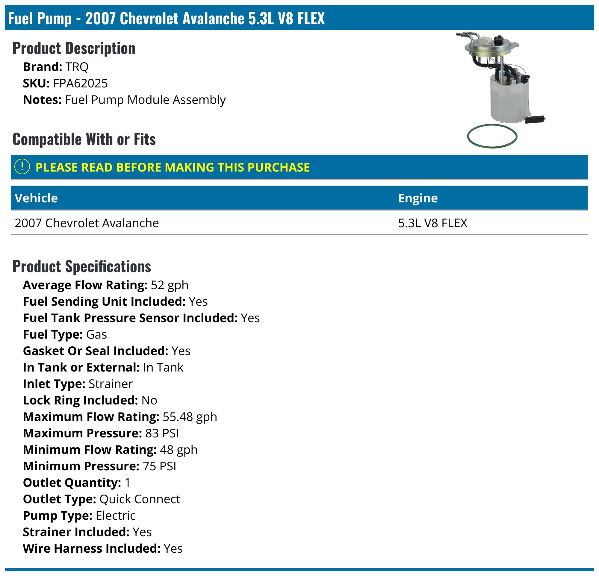 2007 Chevrolet Avalanche Fuel Pump - TRQ FPA62025 - PartsGeek.com