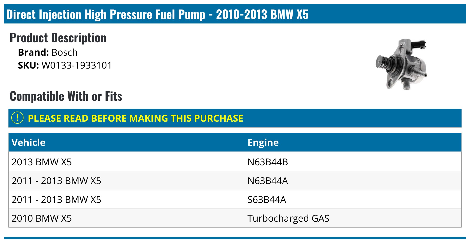 2010-2013 BMW X5 Fuel Pump - Bosch W0133-1933101 - PartsGeek.com