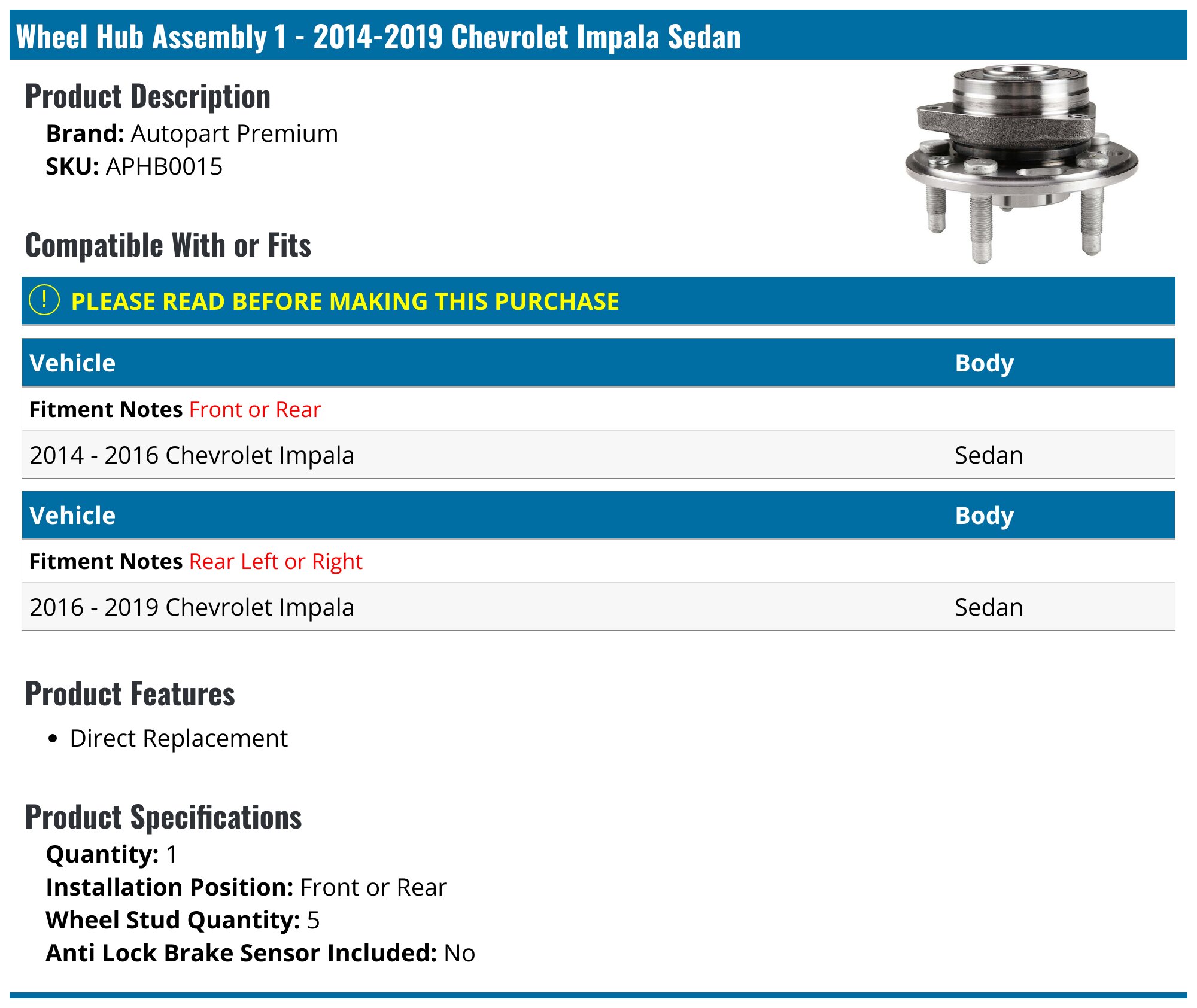 2014-2019 Chevrolet Impala Wheel Hub Assembly - Autopart Premium ...