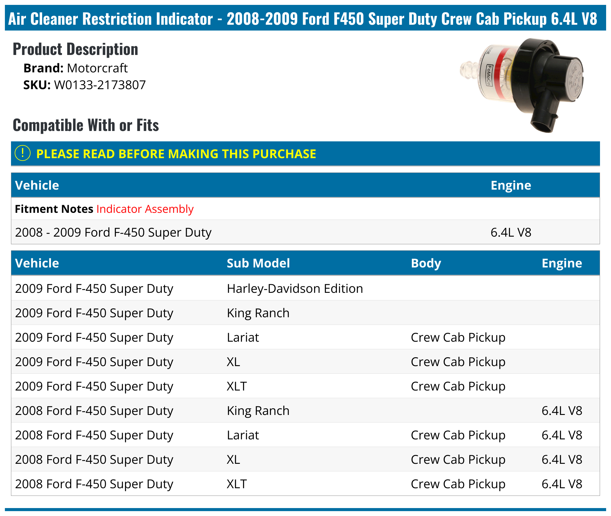 2008-2009 Ford F450 Super Duty Air Cleaner Restriction Indicator ...