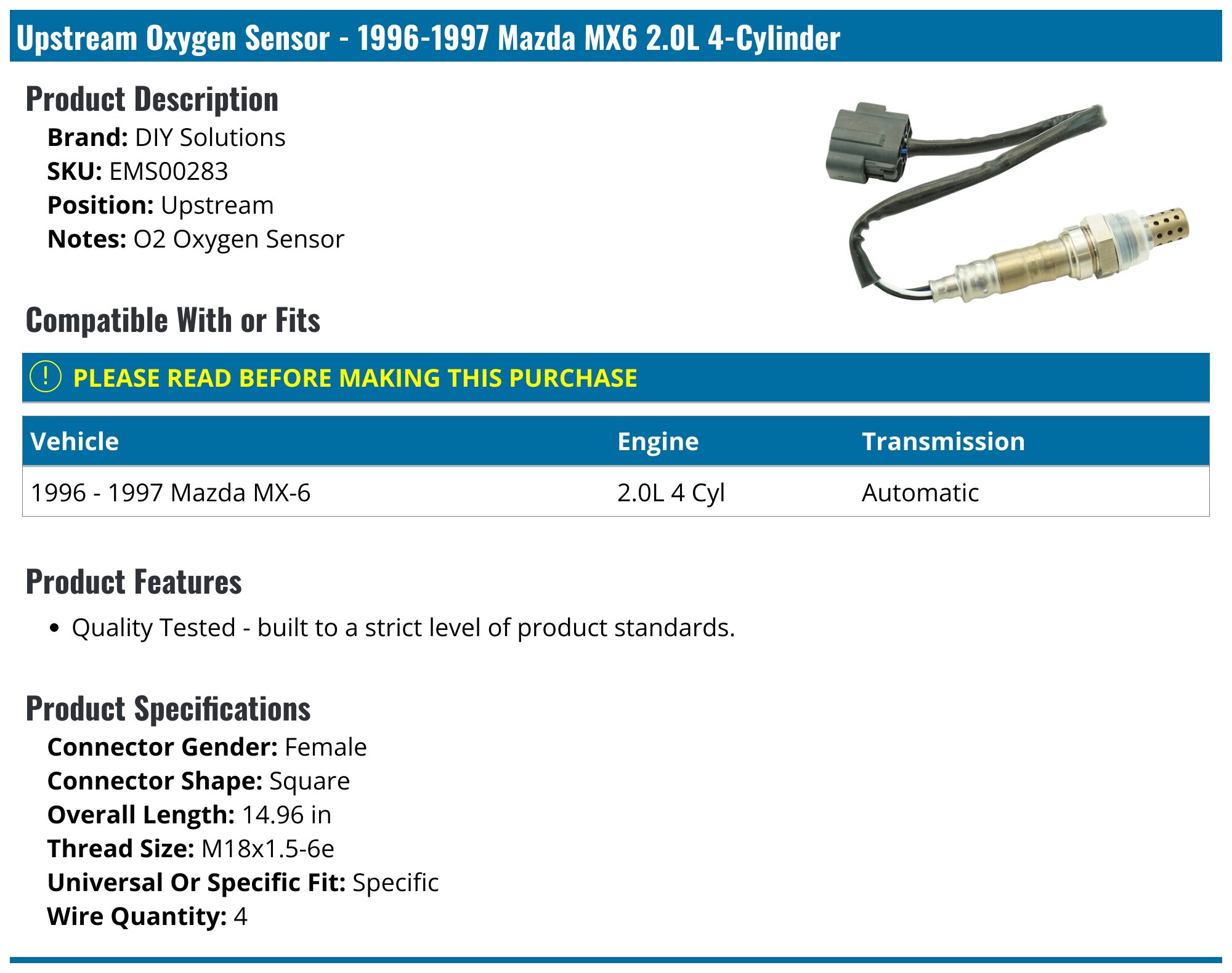 1996-1997 Mazda MX6 Oxygen Sensor - DIY Solutions EMS00283 - Upstream ...
