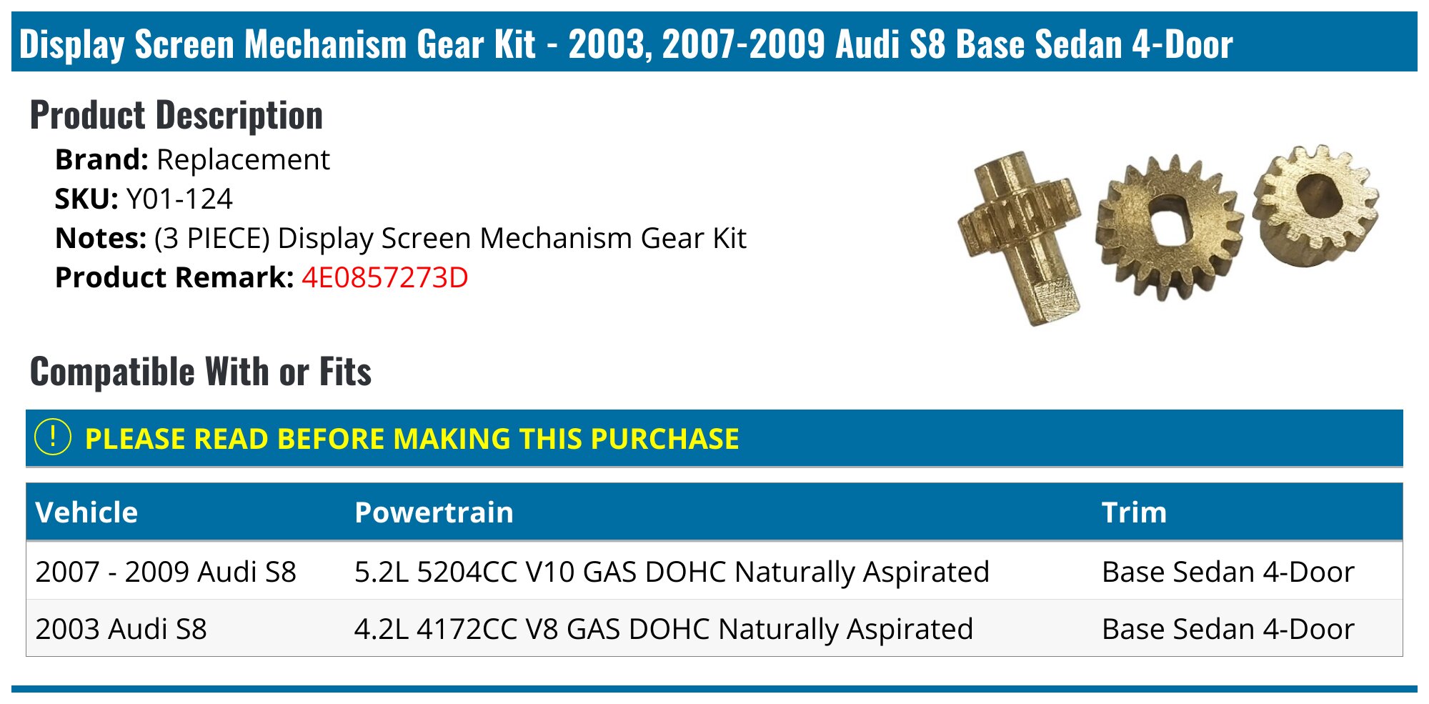 2003, 2007-2009 Audi S8 Display Screen Mechanism Gear Kit - Replacement ...