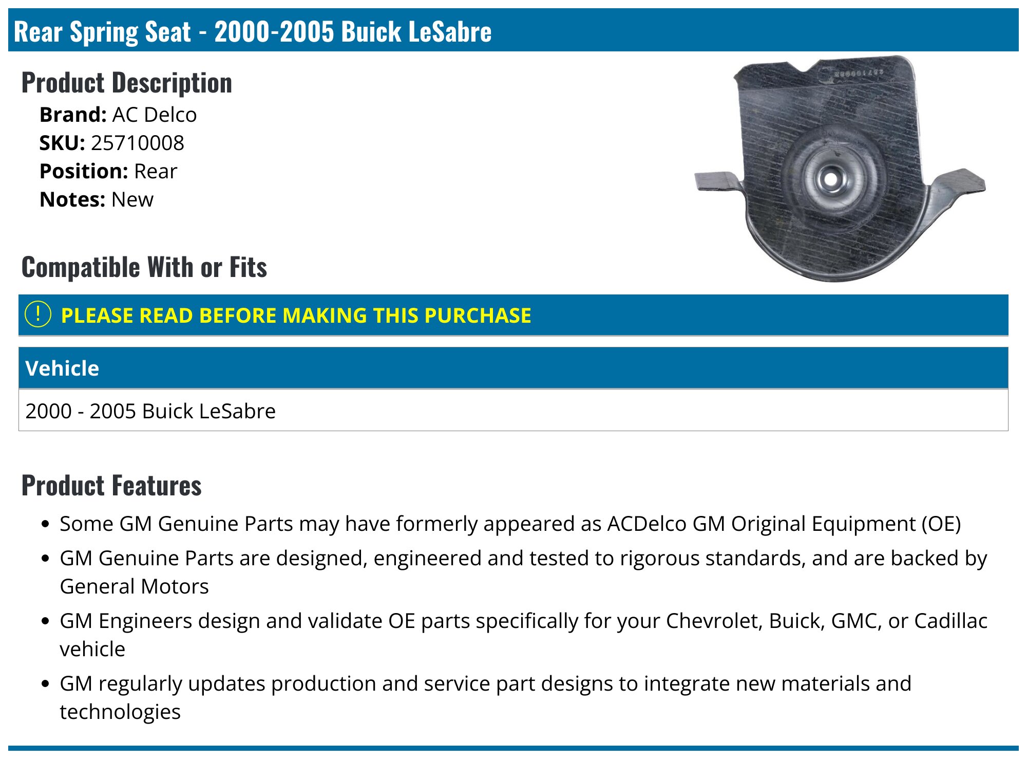 2000-2005 Buick LeSabre Spring Seat - AC Delco 25710008 - Rear ...