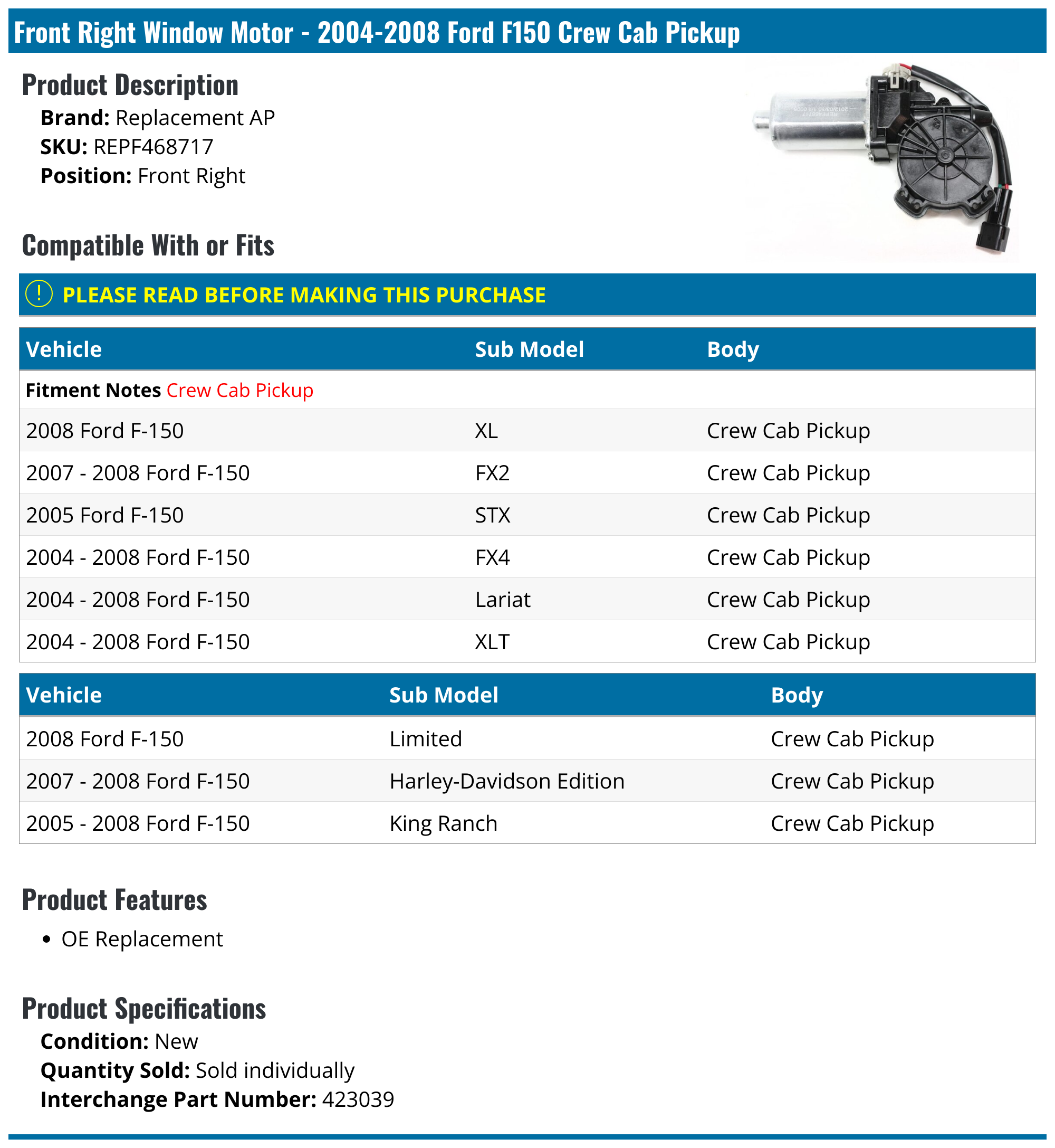 2004-2008 Ford F150 Window Motor - Replacement AP REPF468717 - Front ...