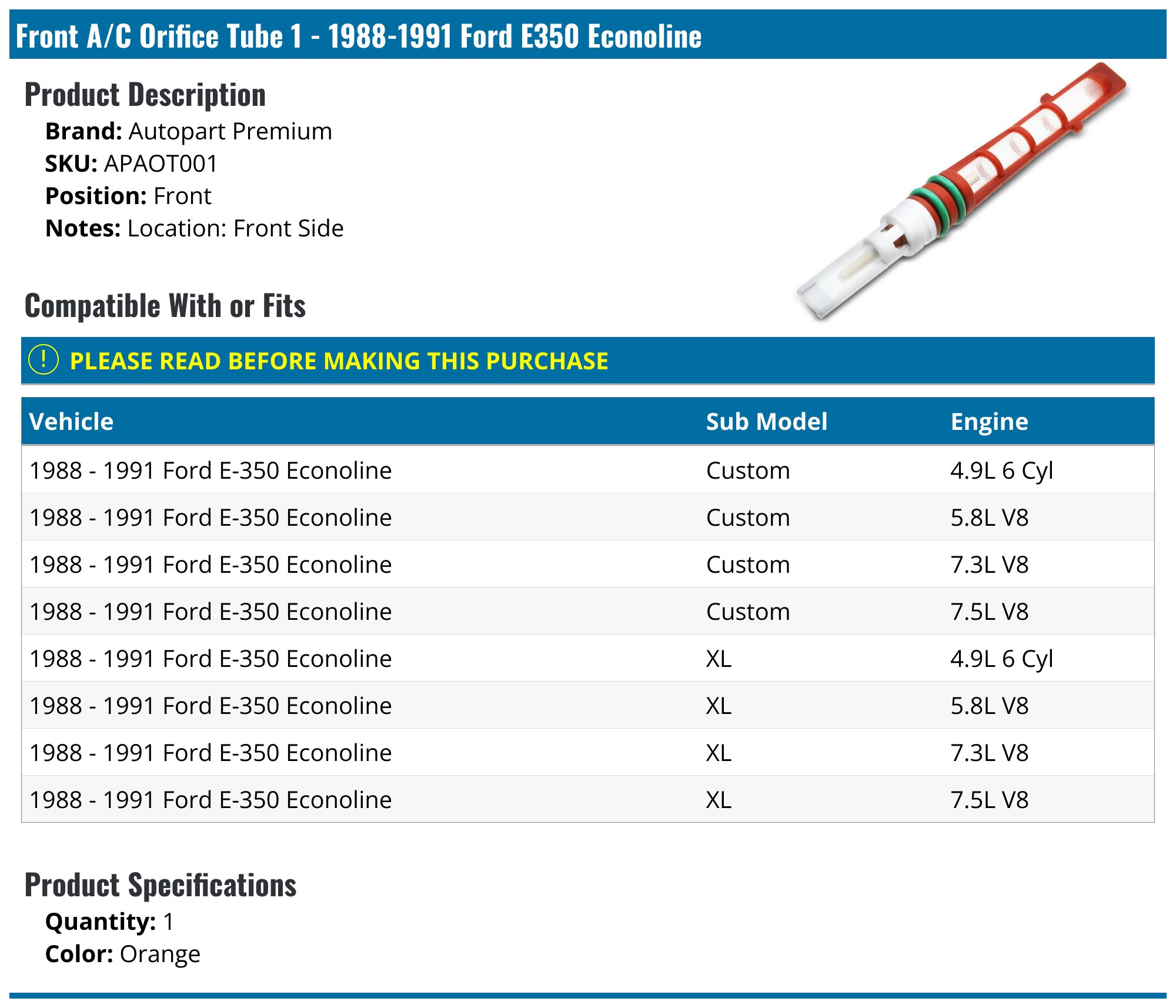 1988-1991 Ford E350 Econoline A/C Orifice Tube - Autopart Premium ...