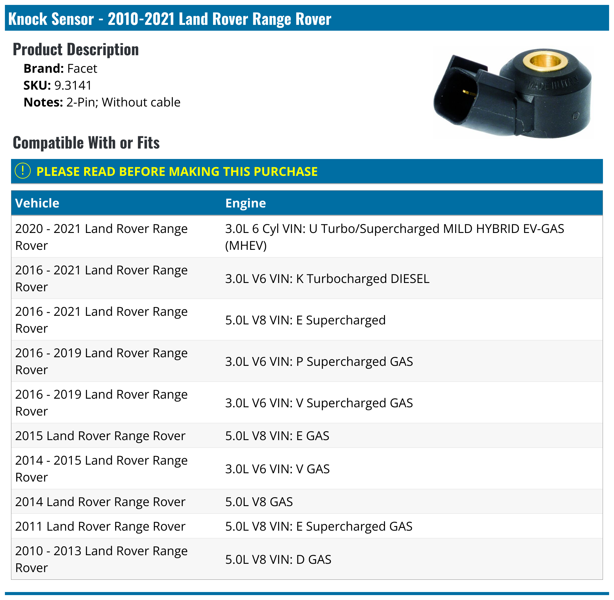 2010-2021 Land Rover Range Rover Knock Sensor - Facet 9.3141 ...