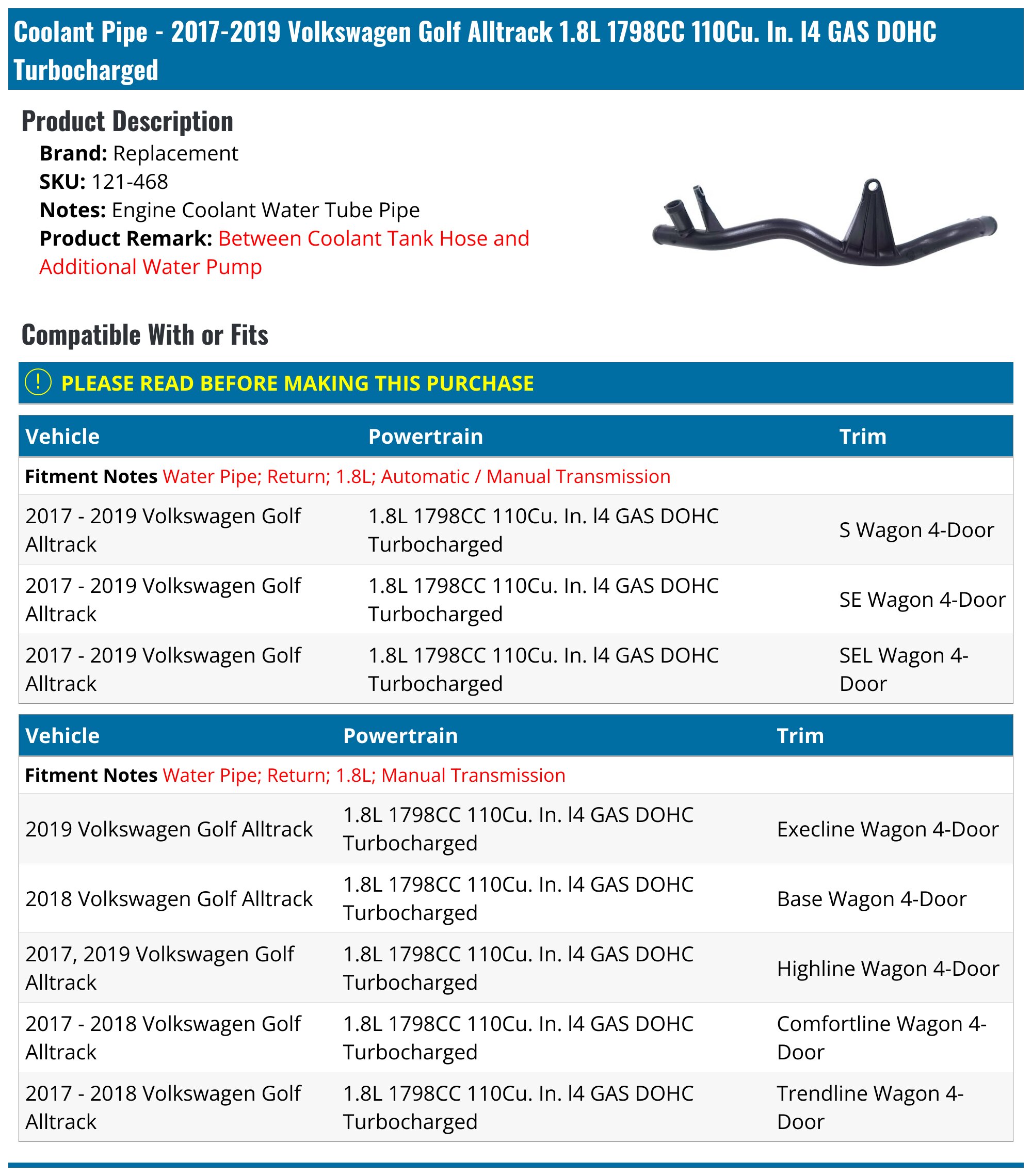 2017-2019 Volkswagen Golf Alltrack Coolant Pipe - Replacement 121-468 ...