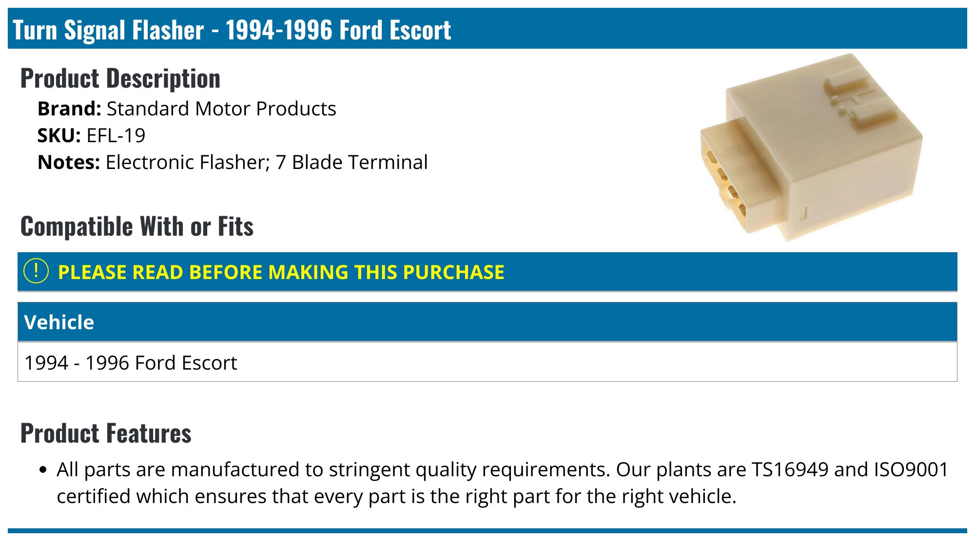 1994-1996 Ford Escort Turn Signal Flasher - Standard Motor Products EFL ...