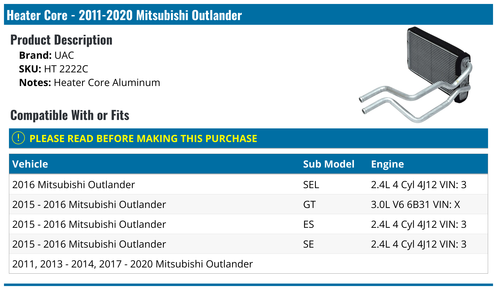 2012-2020 Mitsubishi Outlander Heater Core - UAC HT 2222C - PartsGeek.com