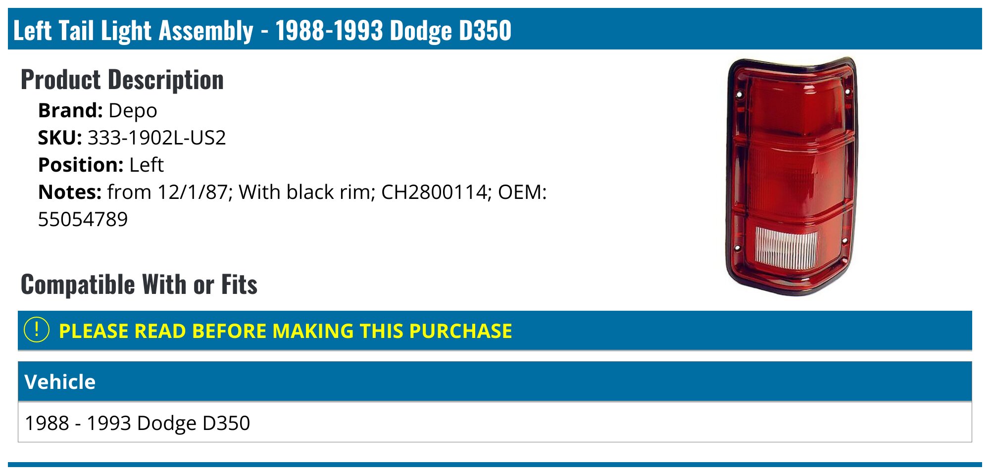 1988-1993 Dodge D350 Tail Light Assembly - Depo 333-1902L-US2 - Left ...