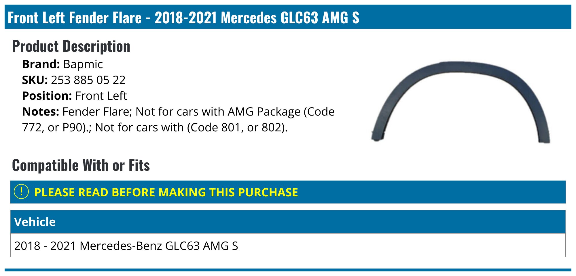 2018-2021 Mercedes GLC63 AMG S Fender Flare - Bapmic 253 885 05 22 ...