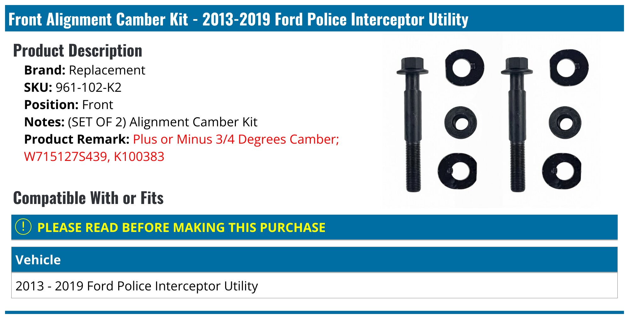 2013-2019 Ford Police Interceptor Utility Alignment Camber Kit ...