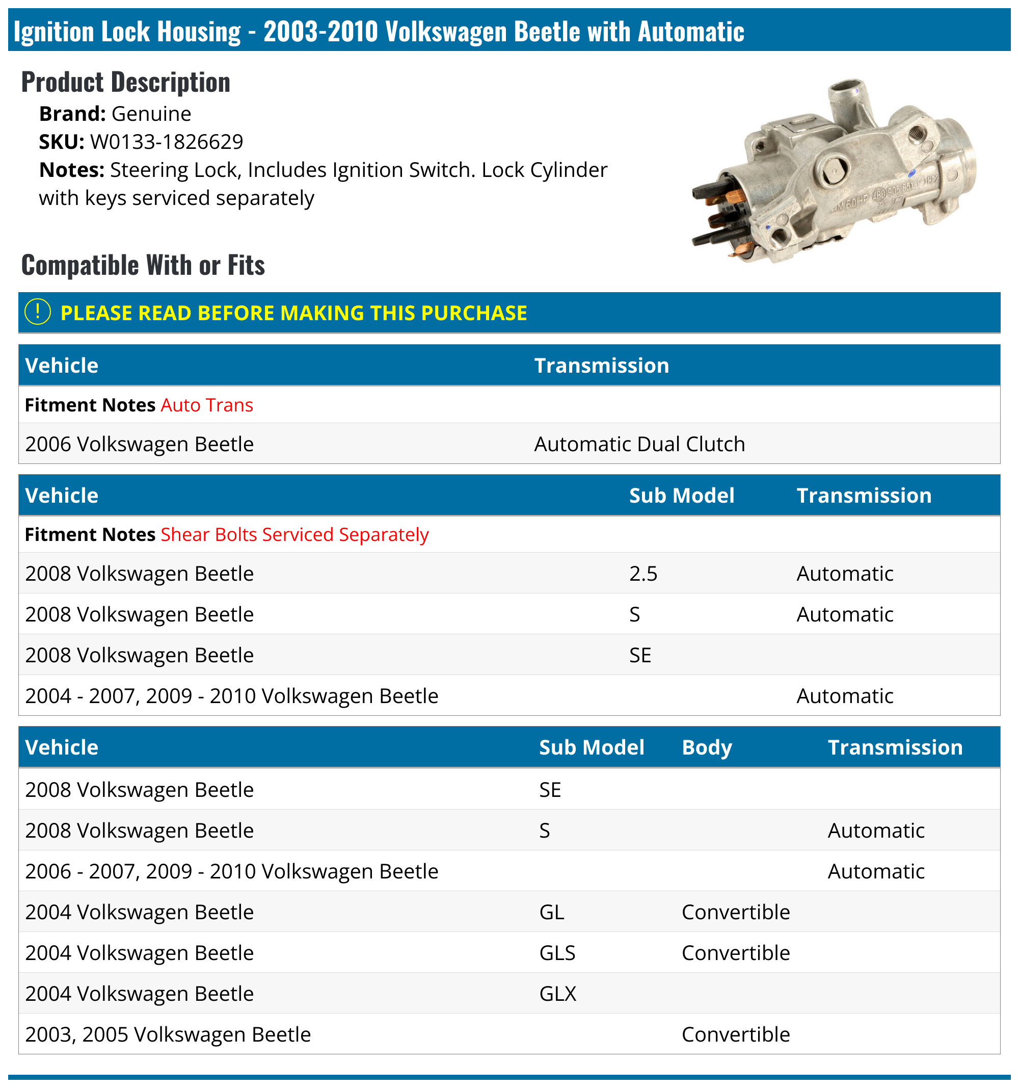 2003-2010 Volkswagen Beetle Ignition Lock Housing - Genuine W0133 ...