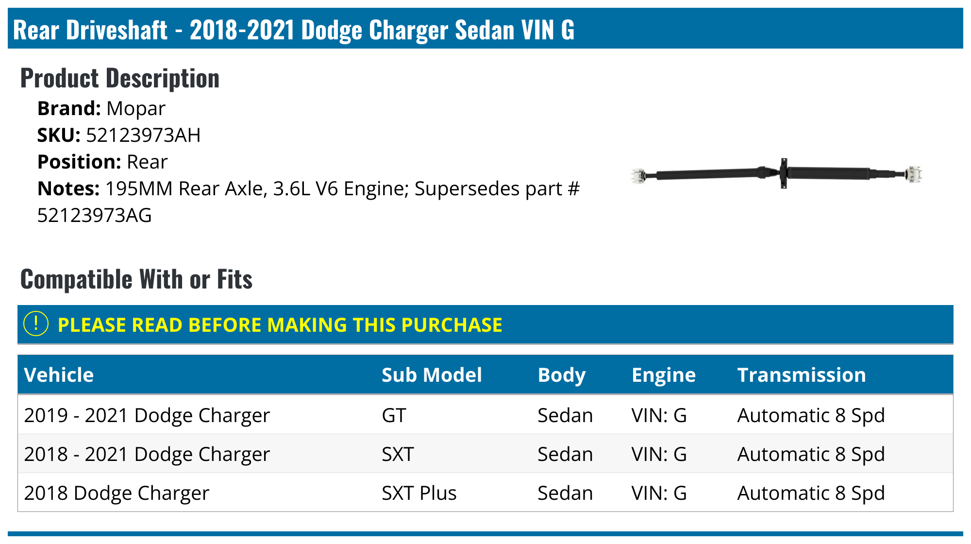 2018-2019 Dodge Charger Drive Shaft - Mopar 52123973AH - Rear ...