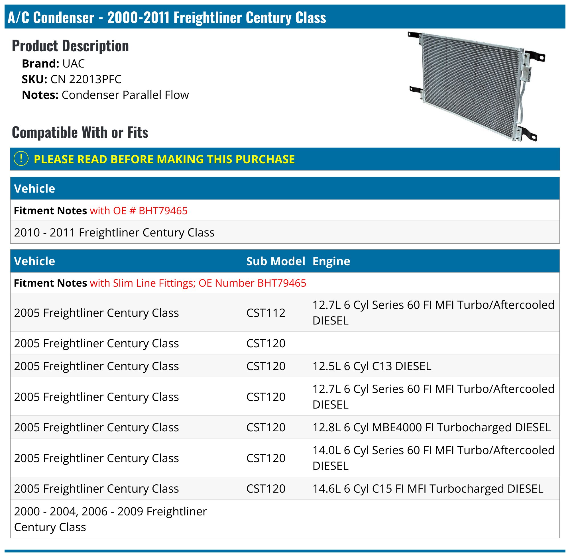 2000-2011 Freightliner Century Class A/C Condenser - UAC CN 22013PFC ...