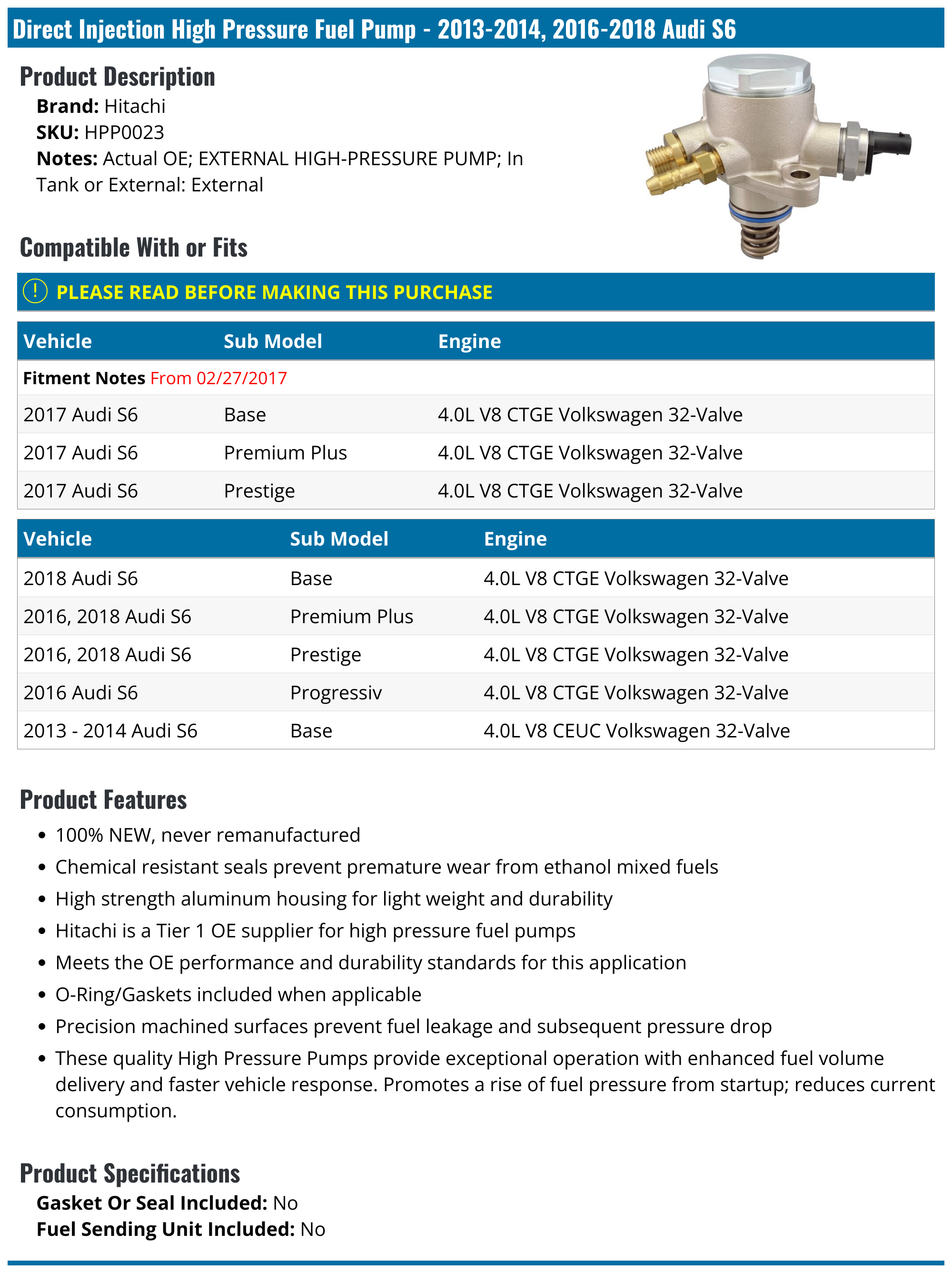 2013-2014, 2016-2018 Audi S6 Fuel Pump - Hitachi HPP0023 - PartsGeek.com
