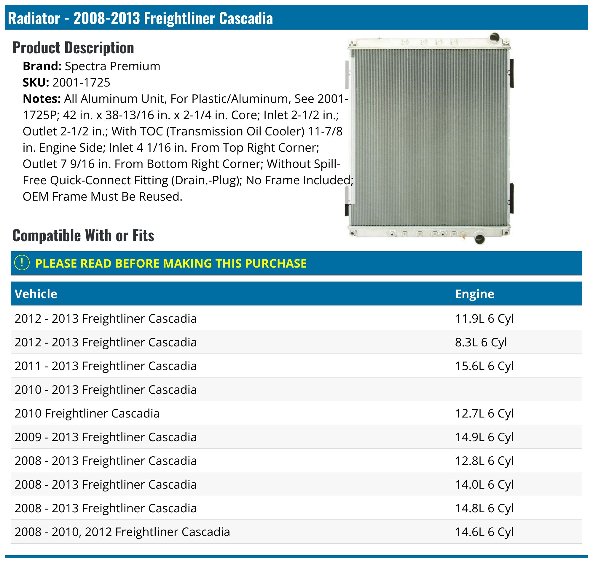 2008-2013 Freightliner Cascadia Radiator - Spectra Premium 2001-1725 ...