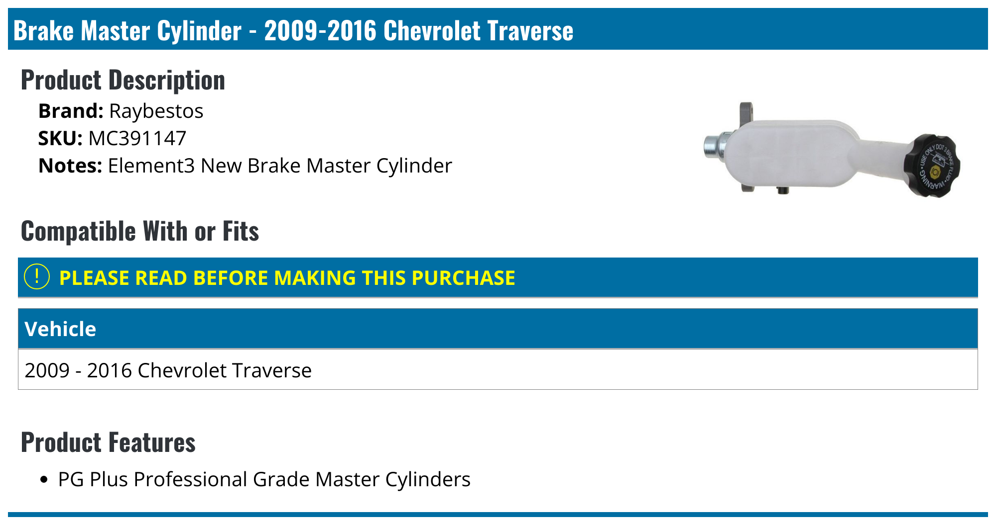 2009-2017 Chevrolet Traverse Brake Master Cylinder - Raybestos MC391147 ...