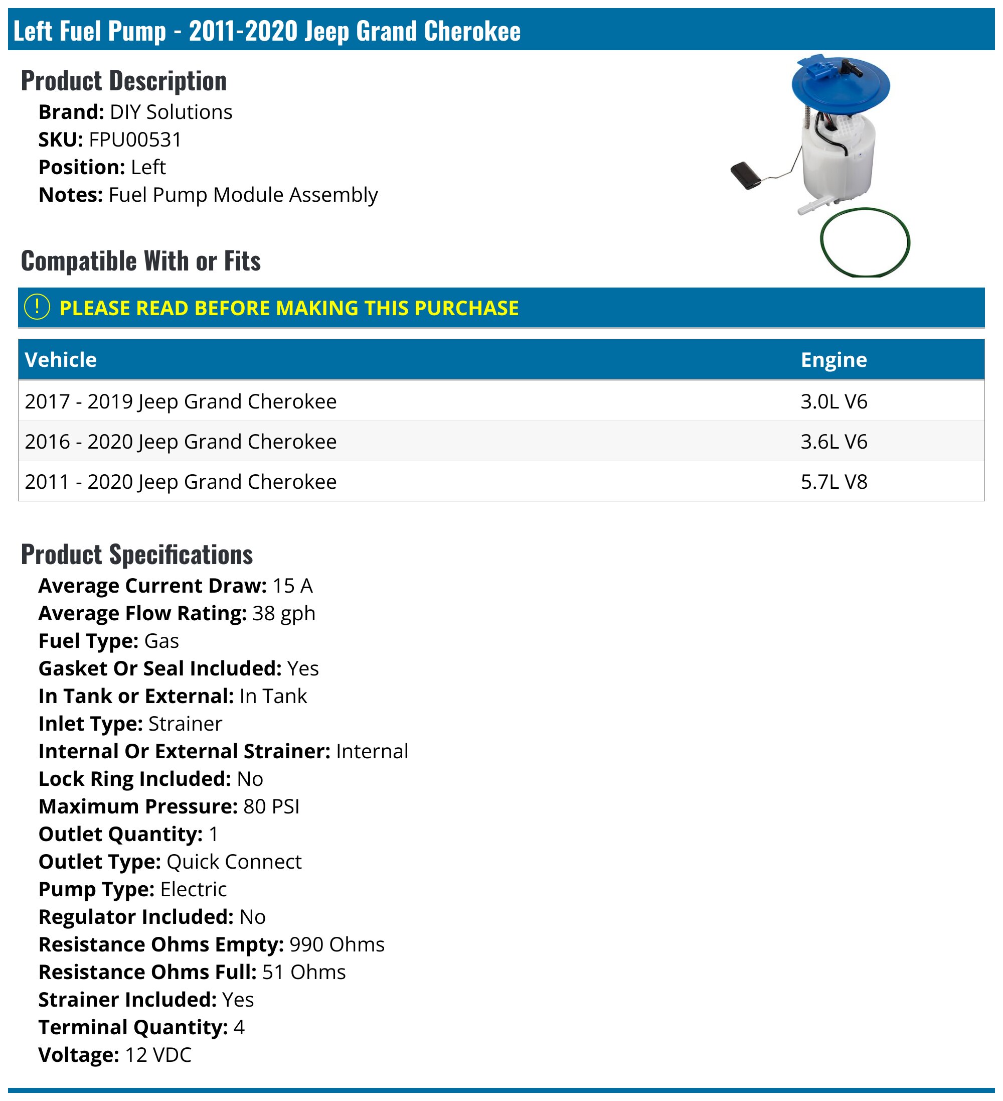 2011-2020 Jeep Grand Cherokee Fuel Pump - DIY Solutions FPU00531 - Left ...