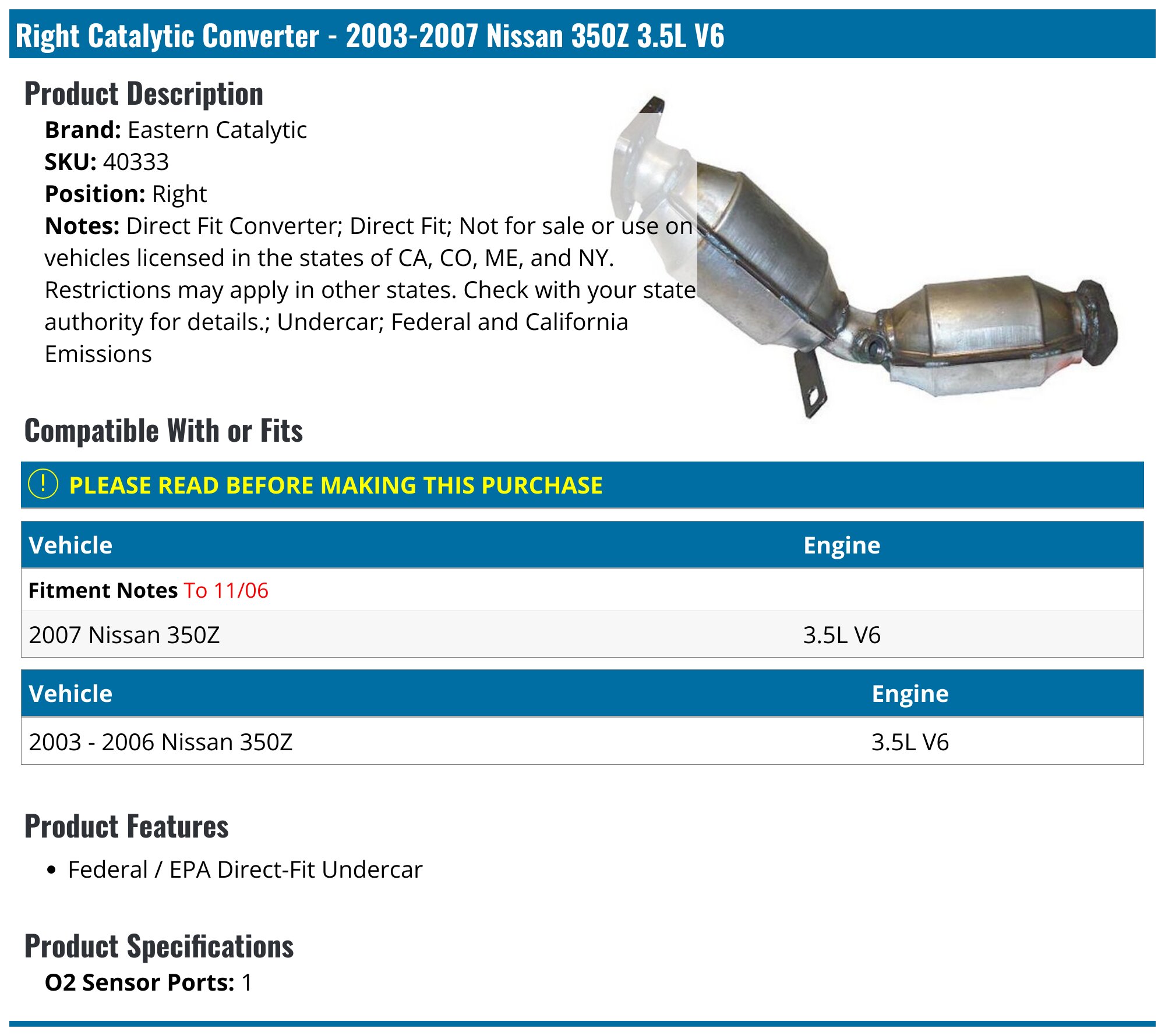2003-2007 Nissan 350Z Catalytic Converter - Eastern Catalytic 40333 ...