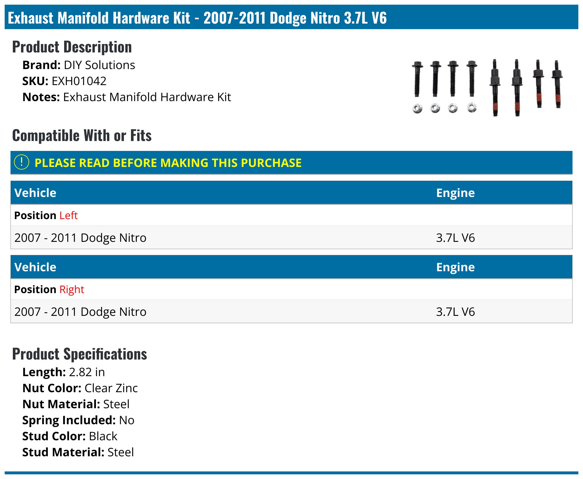 2007-2011 Dodge Nitro Exhaust Manifold - DIY Solutions EXH01042 - Right ...