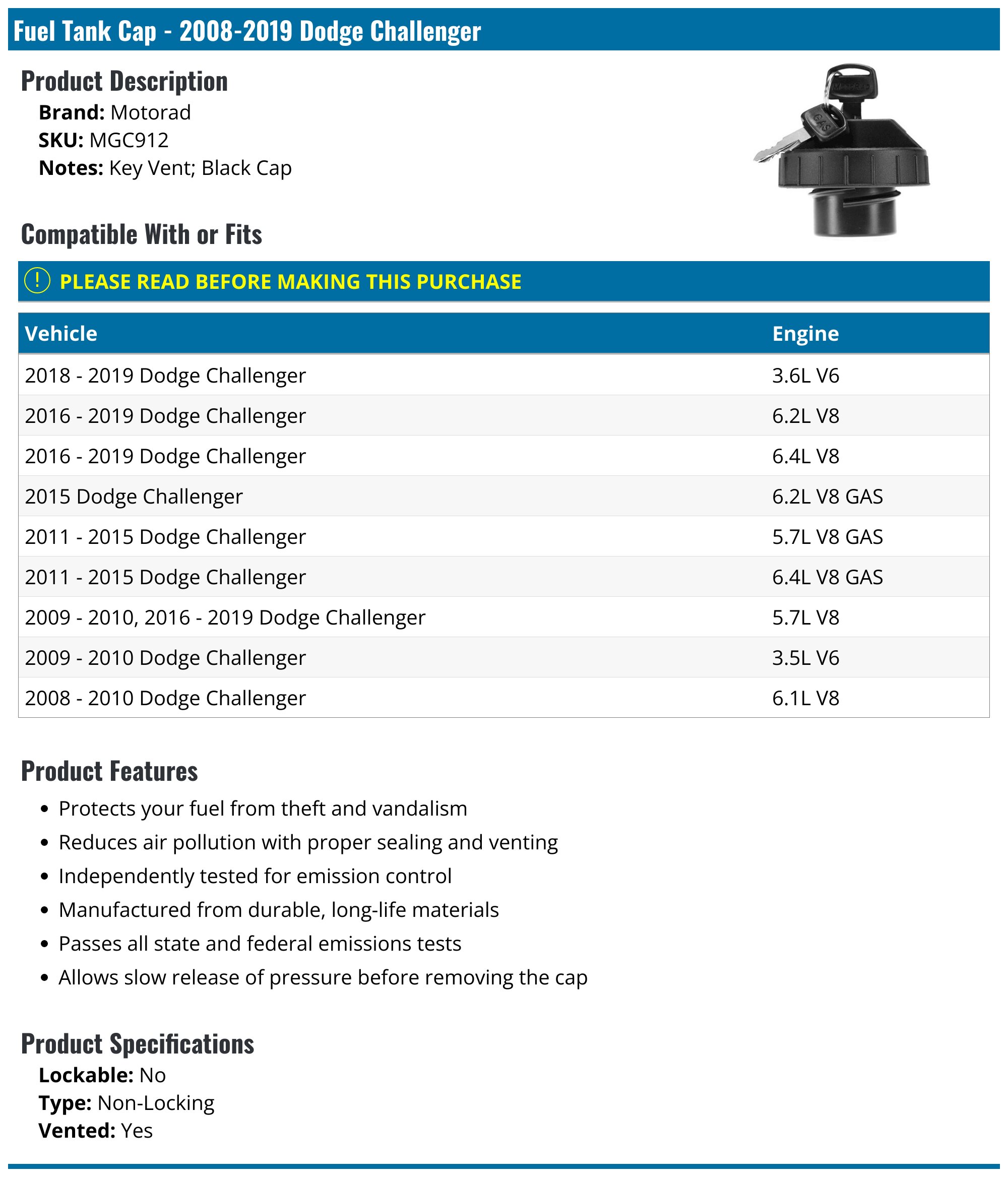2008-2019 Dodge Challenger Fuel Tank Cap - Motorad MGC912 - PartsGeek.com