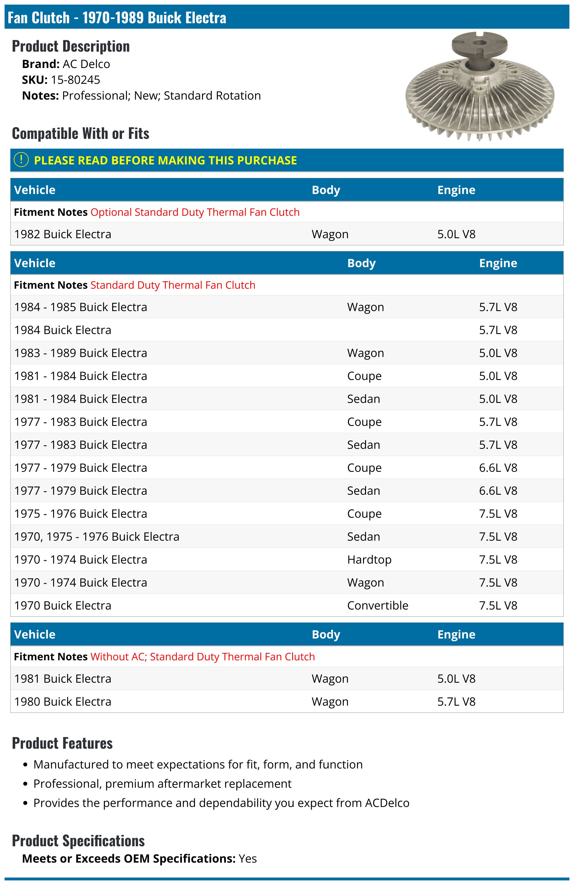 1970-1989 Buick Electra Fan Clutch - AC Delco 15-80245 - PartsGeek.com