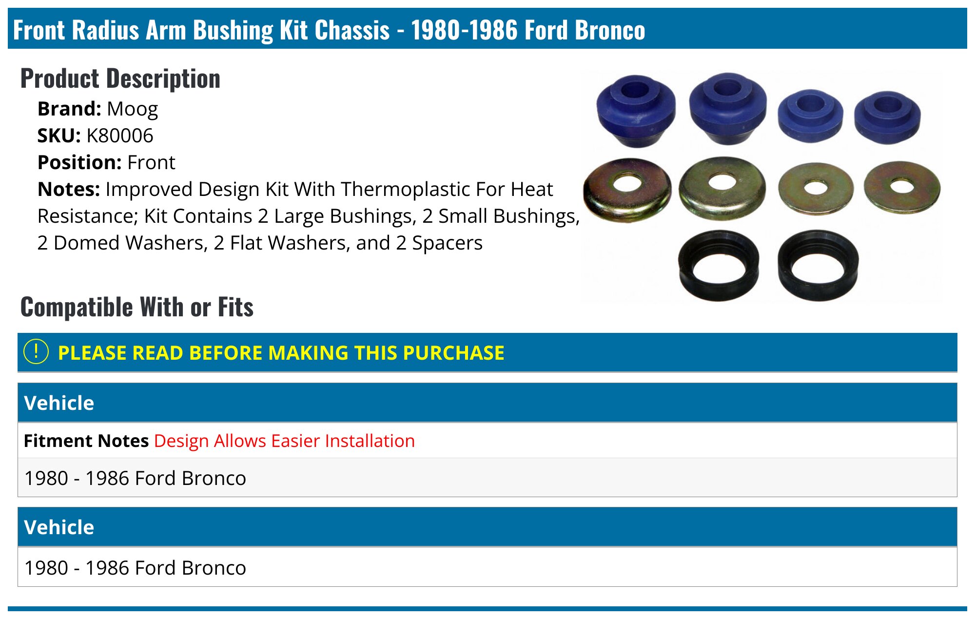 1980-1986 Ford Bronco Radius Arm Bushing Kit Chassis - Moog K80006 ...
