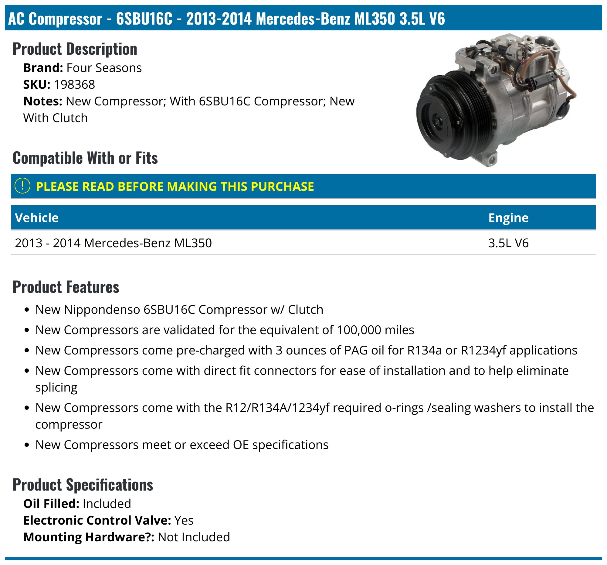 2013 Mercedes ML350 A/C Compressor - Four Seasons 198368 - PartsGeek.com