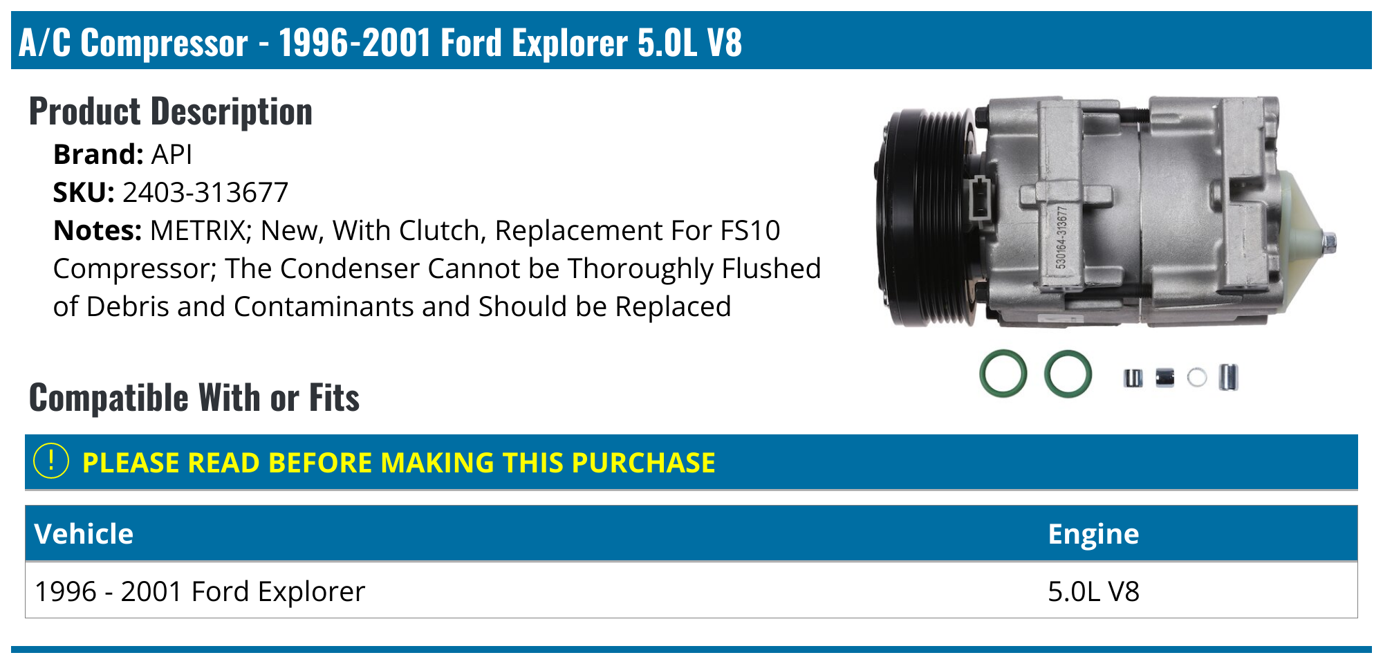 1996-2001 Ford Explorer A/C Compressor - API 5258-02776084 ...