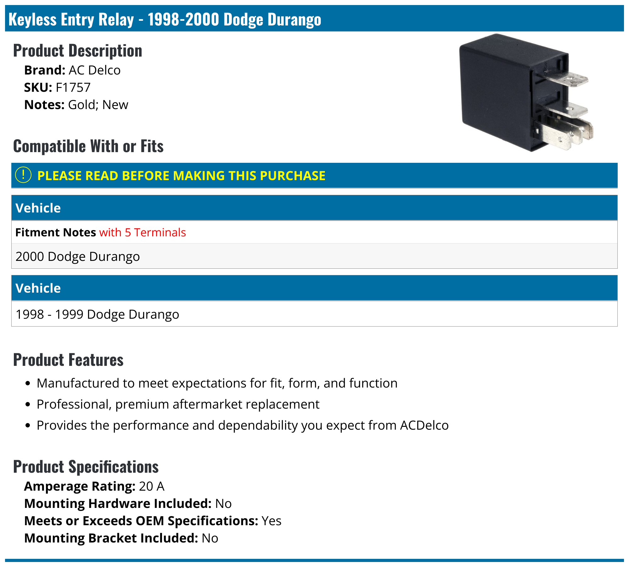 1998-2000 Dodge Durango Keyless Entry Relay - AC Delco F1757 ...
