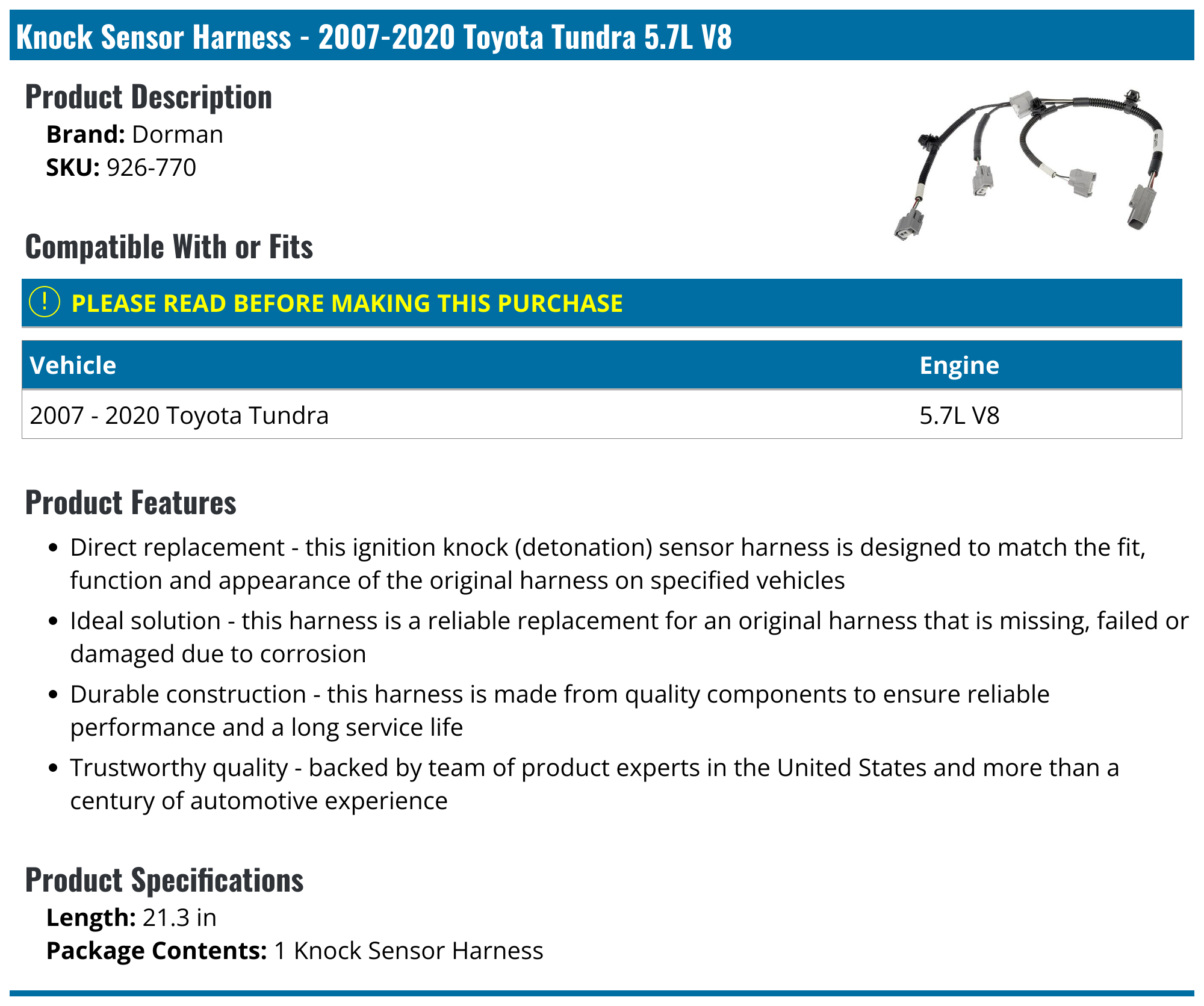 2007-2020 Toyota Tundra Knock Sensor Harness - Dorman 926-770 ...