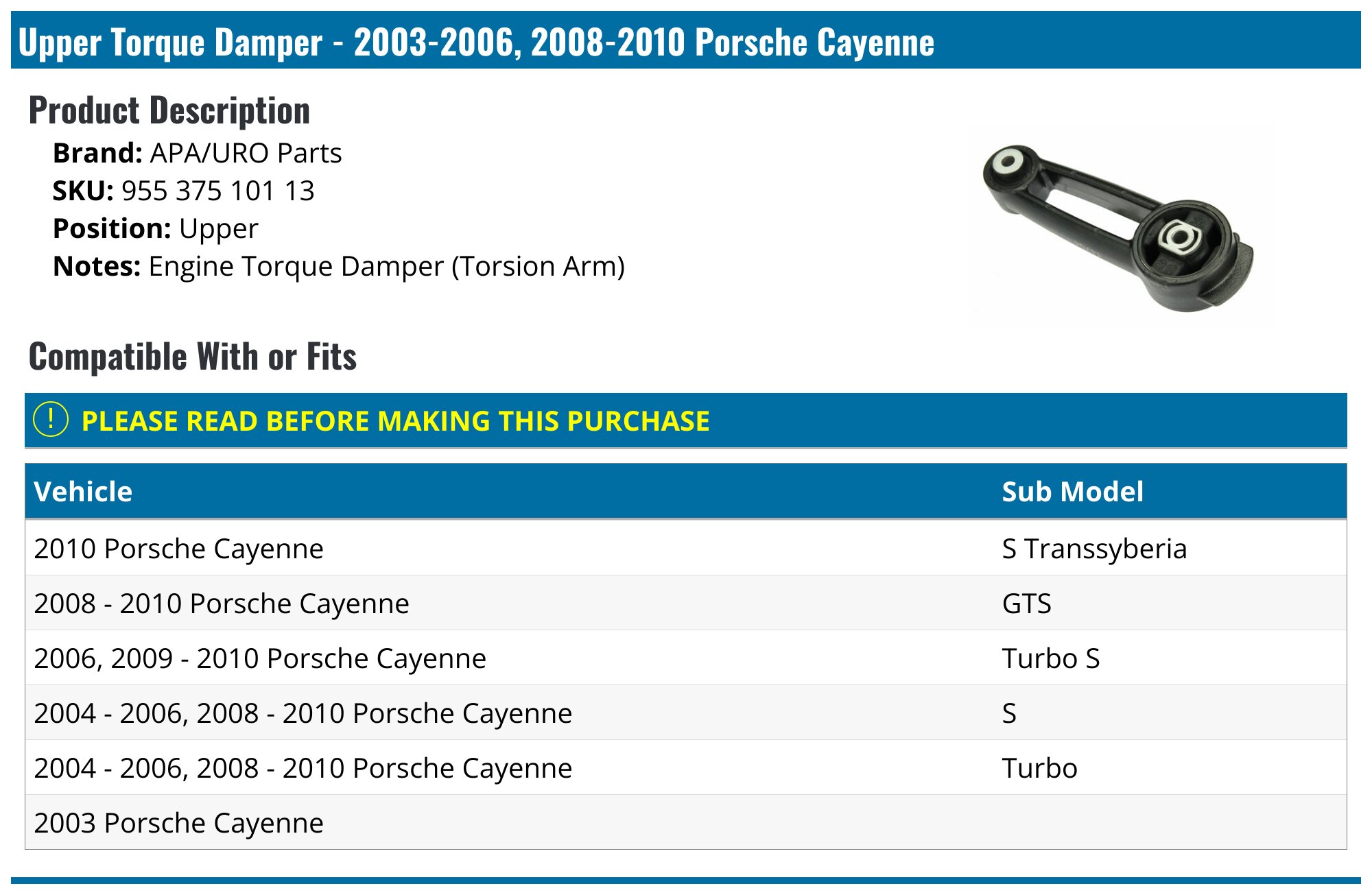 2003-2006, 2008-2010 Porsche Cayenne Torque Damper - APA/URO Parts 955 ...
