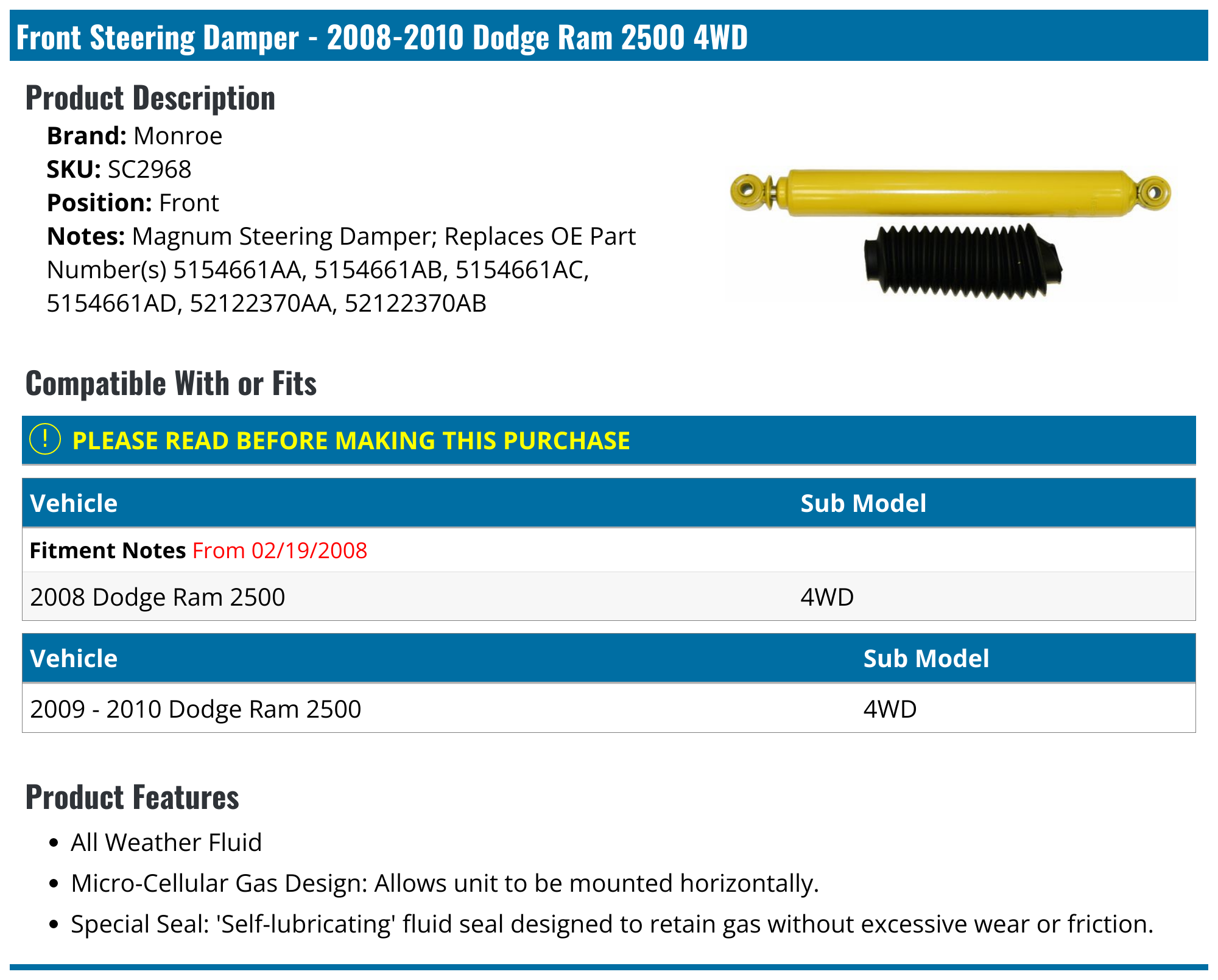 2008-2010 Dodge Ram 2500 Steering Damper - Monroe SC2968 - Front ...