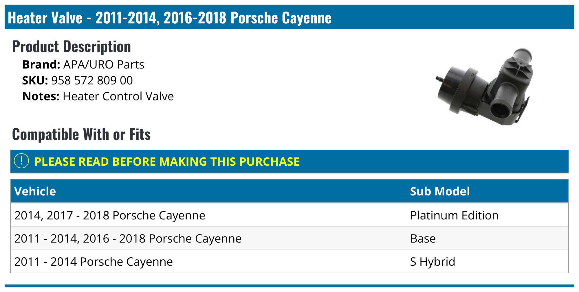 2011-2014, 2016-2018 Porsche Cayenne Heater Valve - APA/URO Parts 958 ...